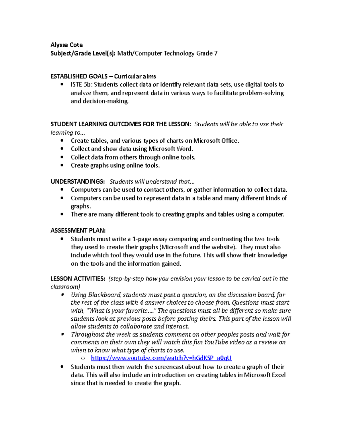 Lesson plan module 7 - Lecture notes 7 - Alyssa Cote Subject/Grade ...
