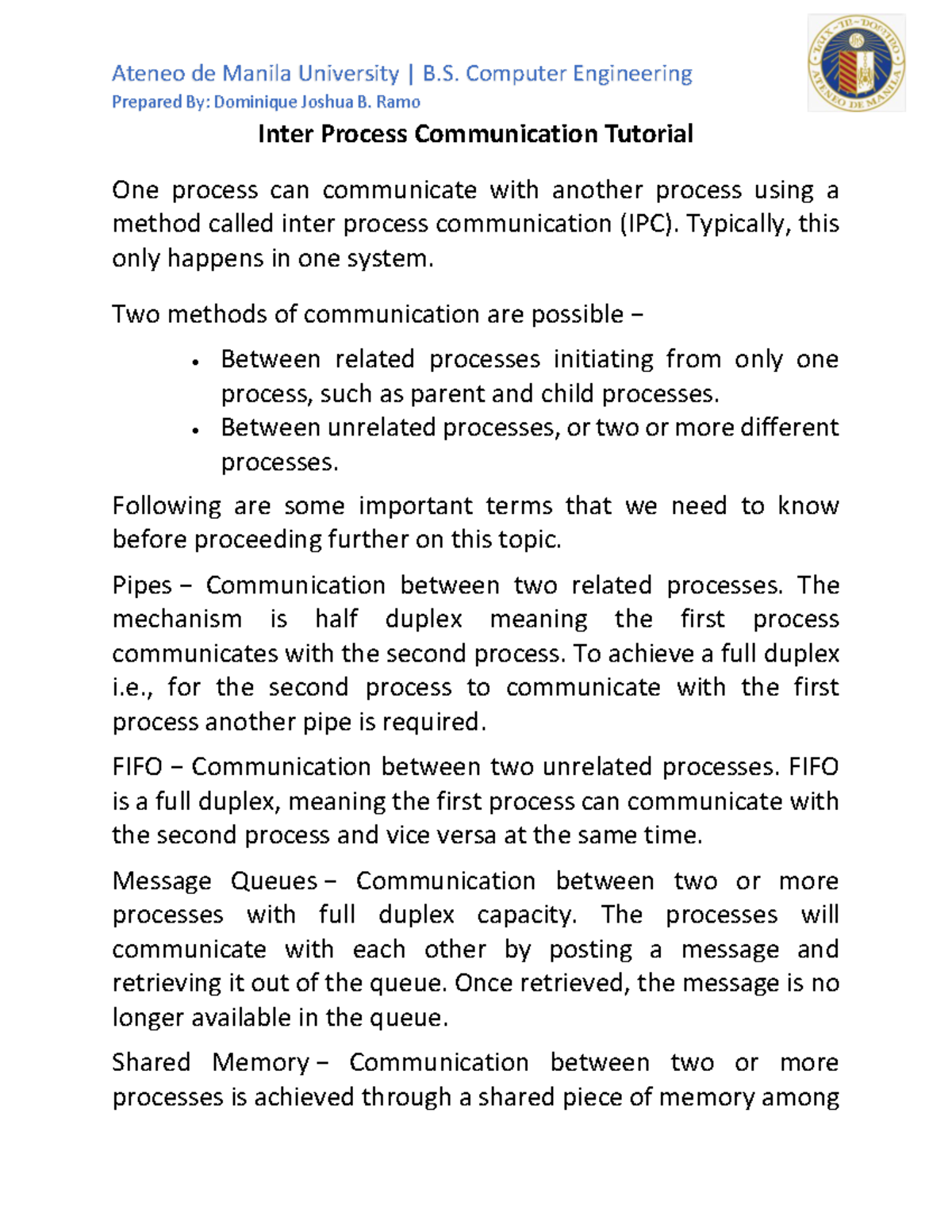 Study Guide - Inter Process Communication Tutorial - Prepared By: Dominique Joshua B. Ramo Inter ...