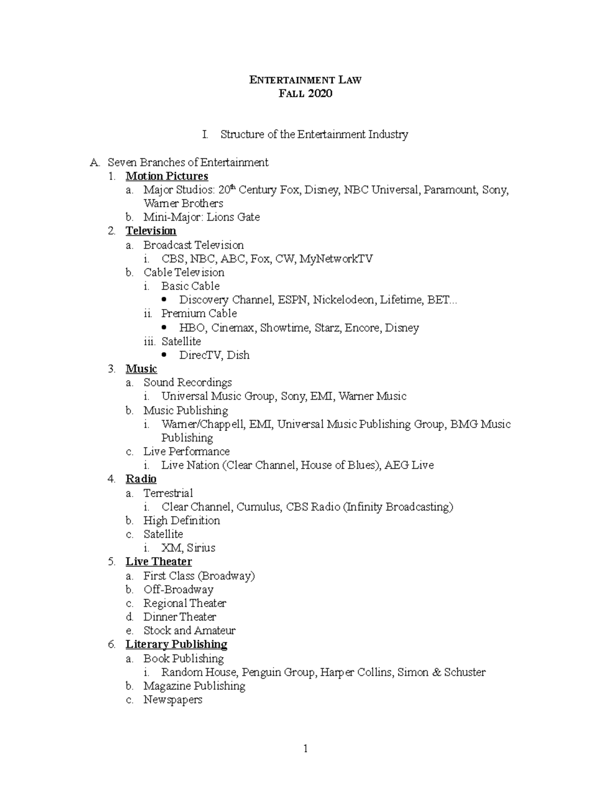 Entertainment Law Outline Lind - ENTERTAINMENT LAW FALL 2020 I ...