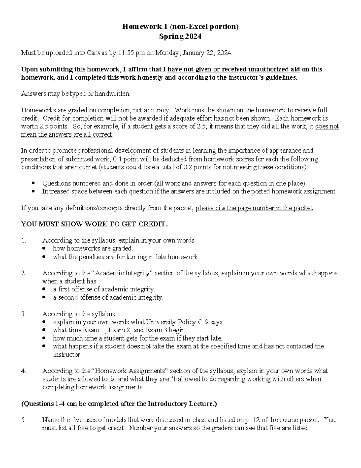 Sp24 Homework 1 - Homework 1 (non-Excel portion) Spring 2024 Must be uploaded into Canvas by 11: ...