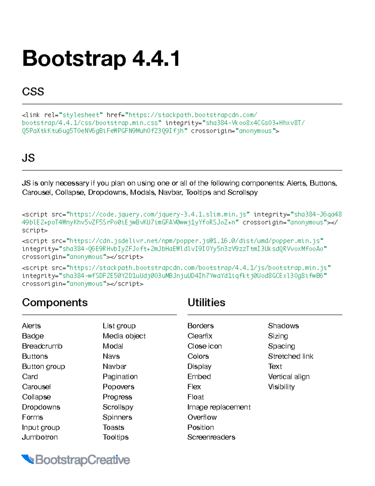 Bootstrap Cheat Sheet v441 en - Bootstrap 4. CSS JS JS is only ...