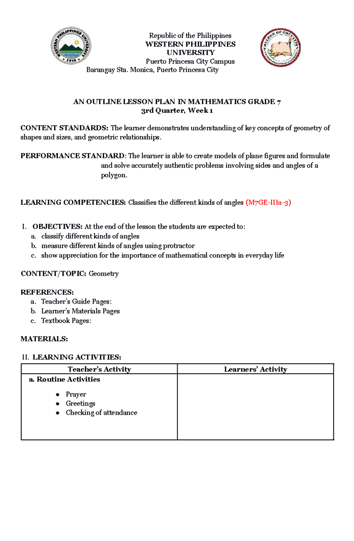 Berdon M7GE-IIIa-3 - Lesson Plan - Republic of the Philippines WESTERN ...