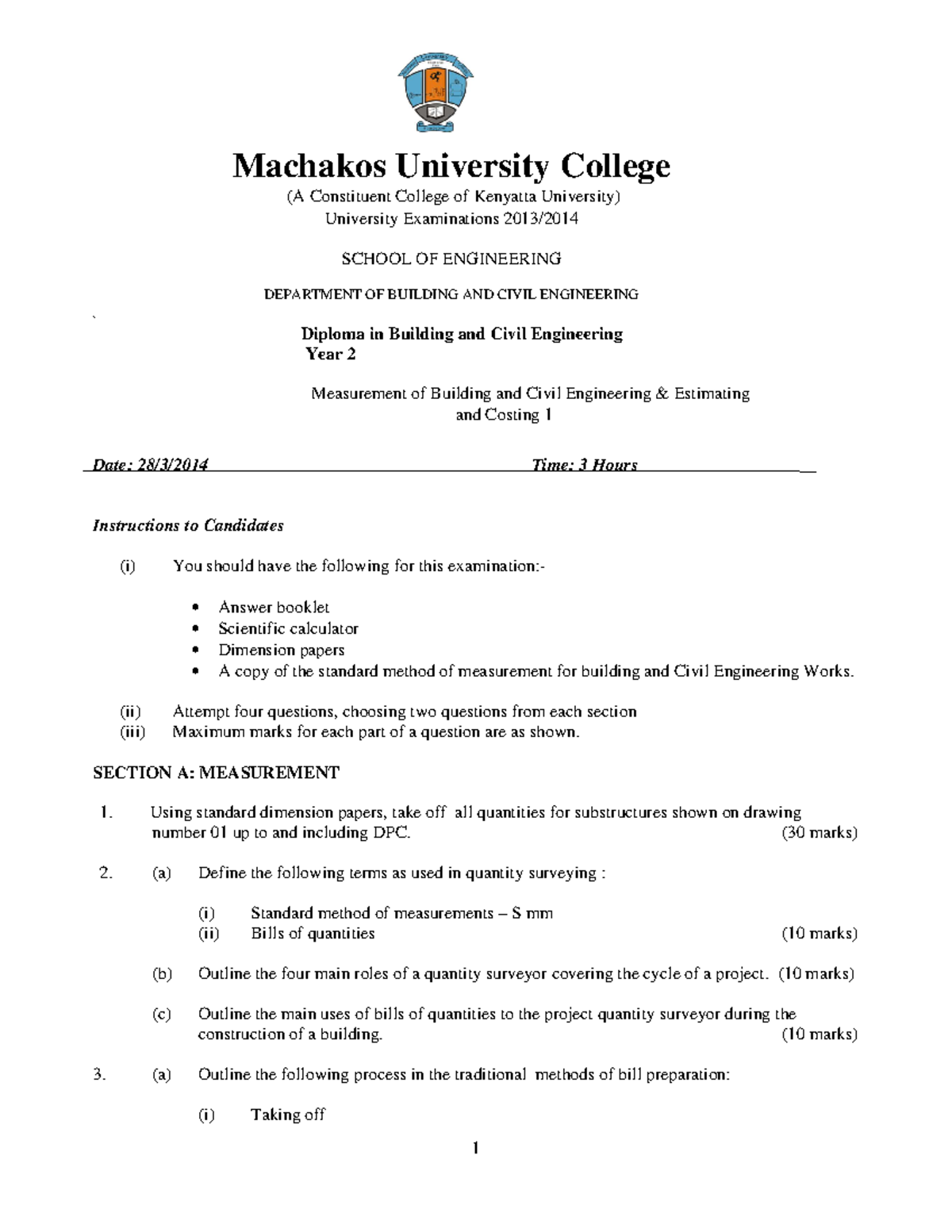 Diploma IN Building Module II Measurement OF Bulding - 1 ` Date: 28/3 ...