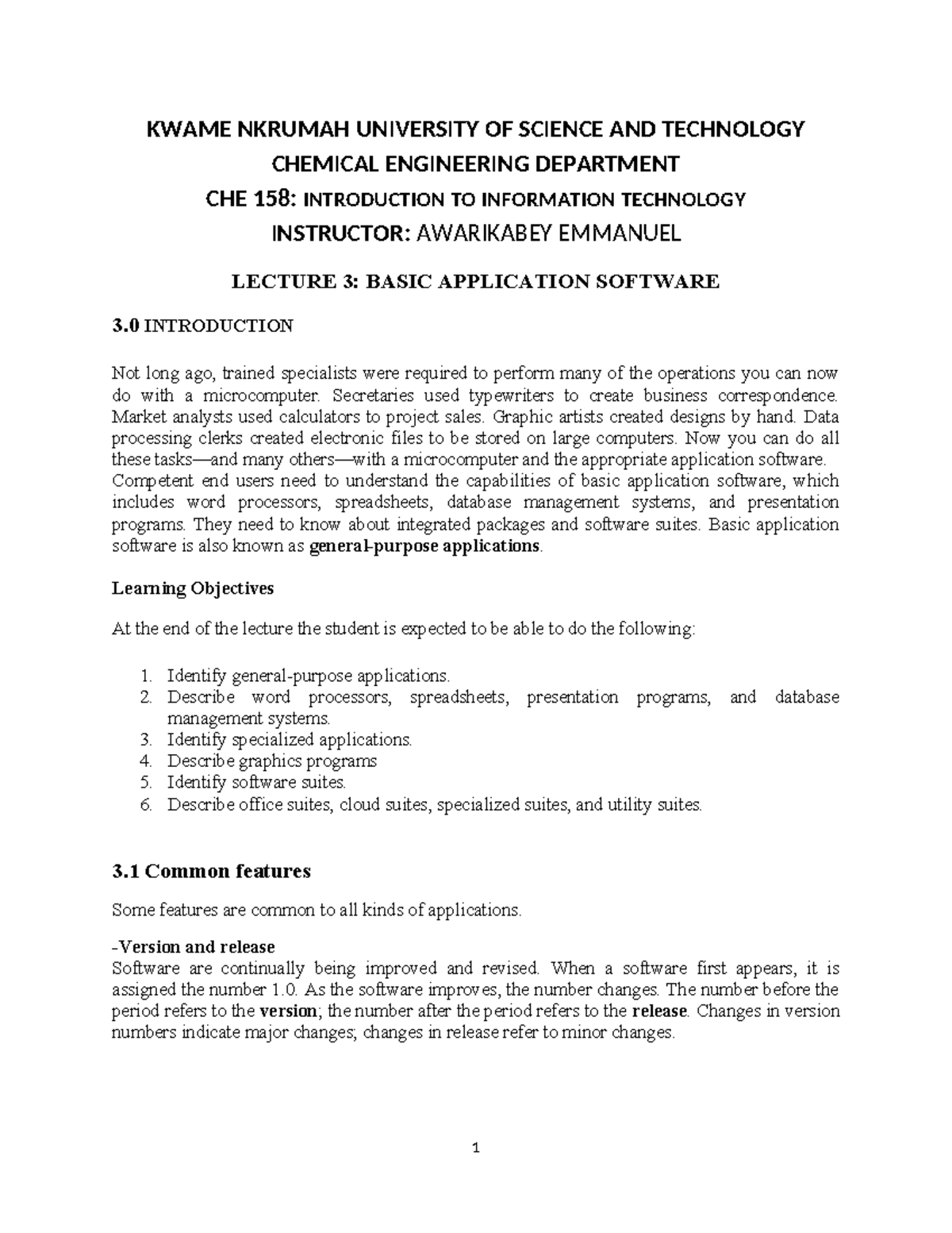 Lecture 3 - Practice material - KWAME NKRUMAH UNIVERSITY OF SCIENCE AND TECHNOLOGY CHEMICAL ...