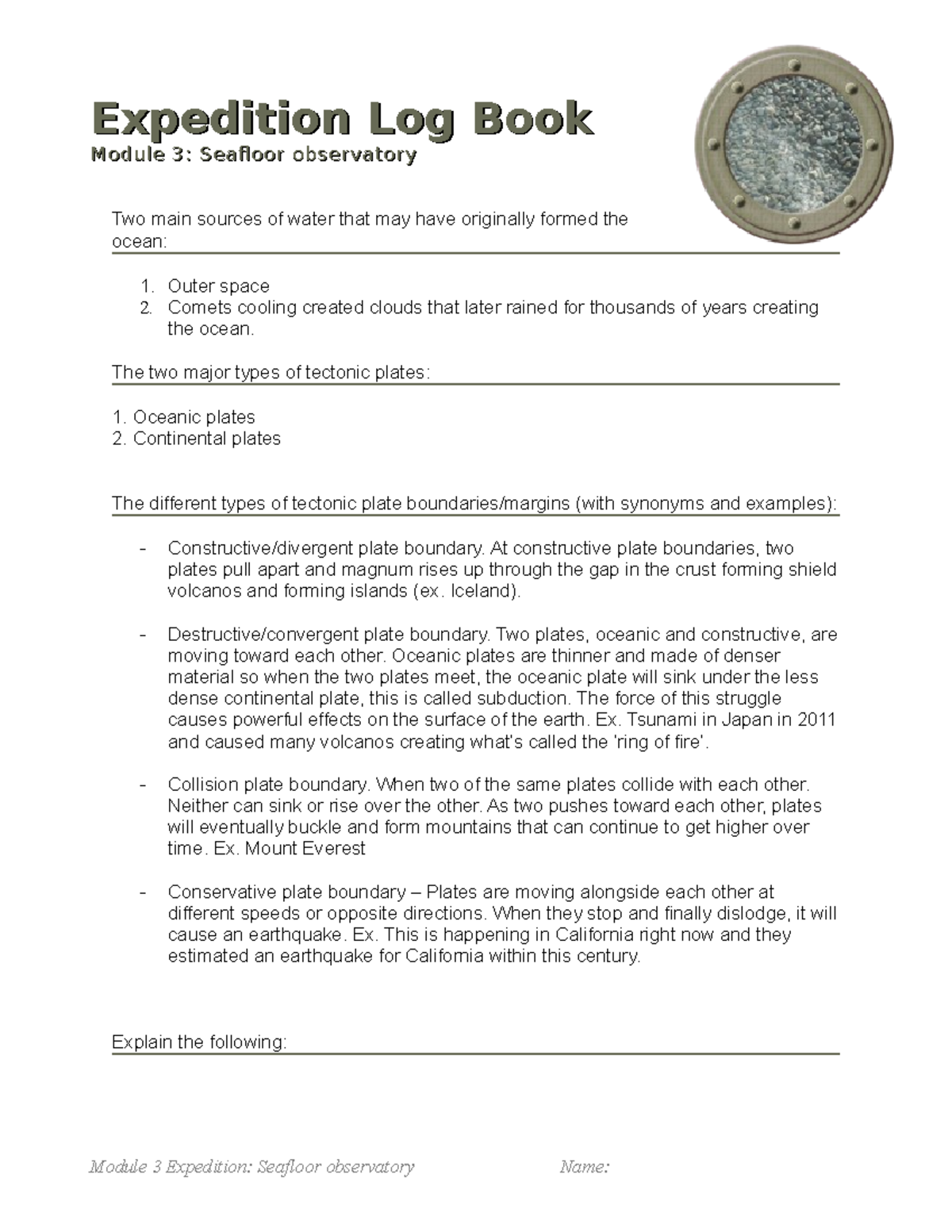 OCSC 1000 Log Book 3 - Expedition Log BookExpedition Log Book Module 3 ...