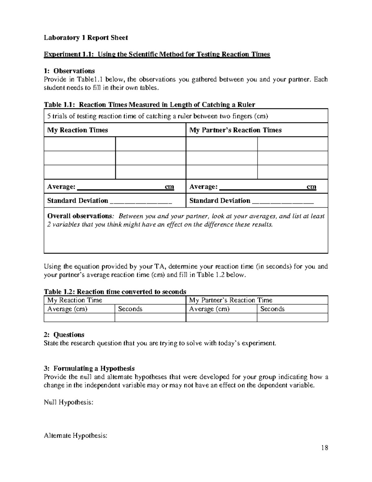 Laboratory 1 Report Sheet - Laboratory 1 Report Sheet Experiment 1 ...