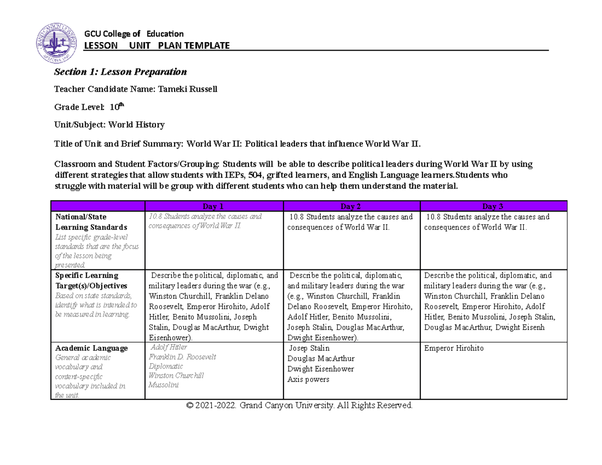 3-day unit plan template copy copy - Section 1: Lesson Preparation ...