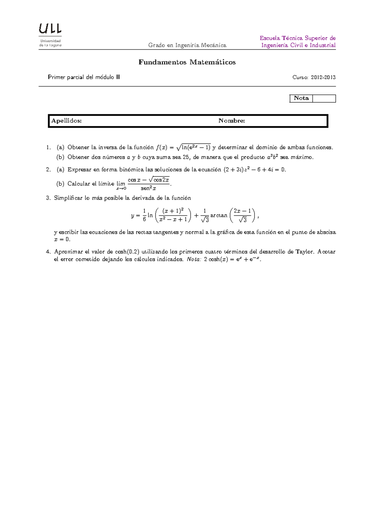Segundo parcial - EXAMEN - Grado en Ingenir ́ıa Mec ́anica Escuela T ...