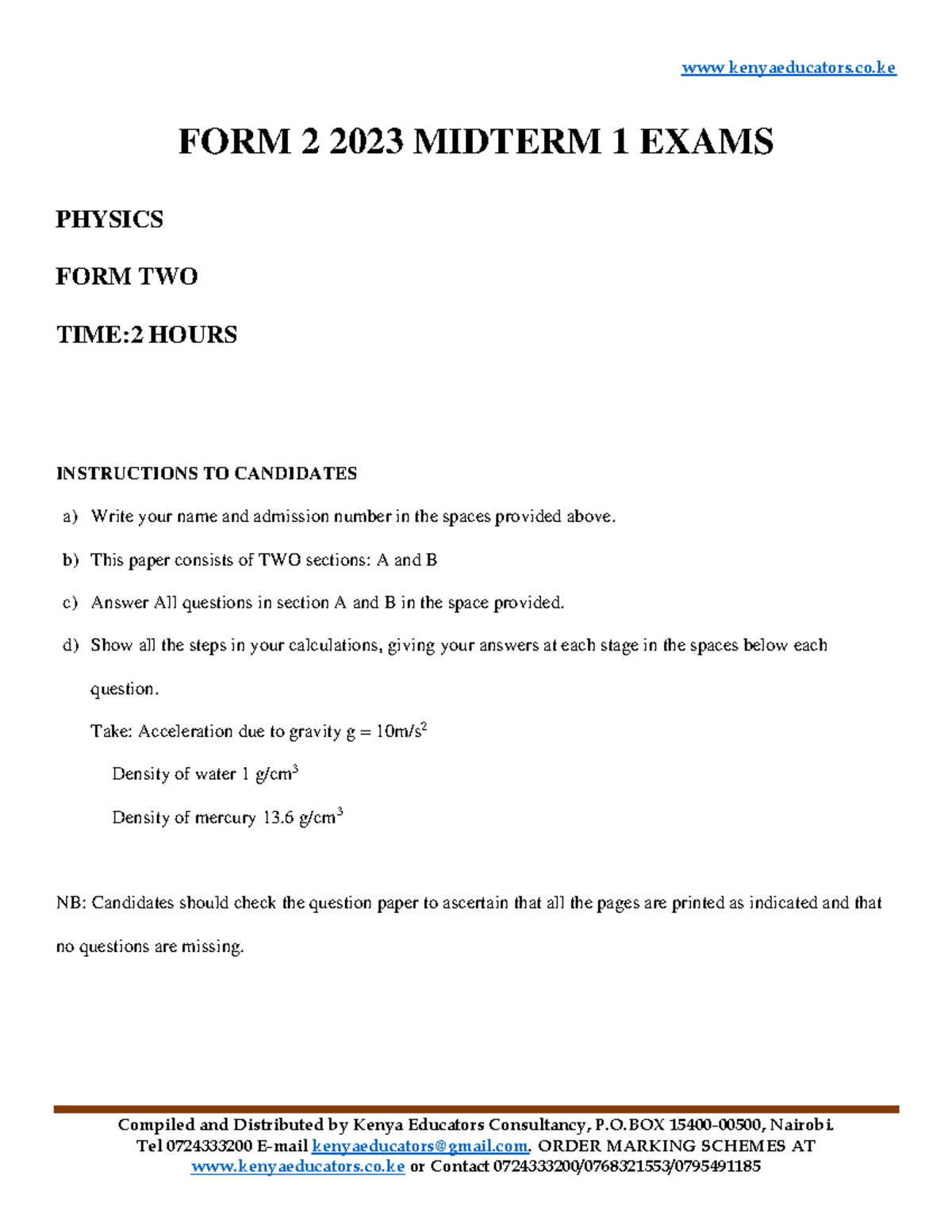 Physics FORM 2 Midterm NEW - Compiled and Distributed by Kenya ...
