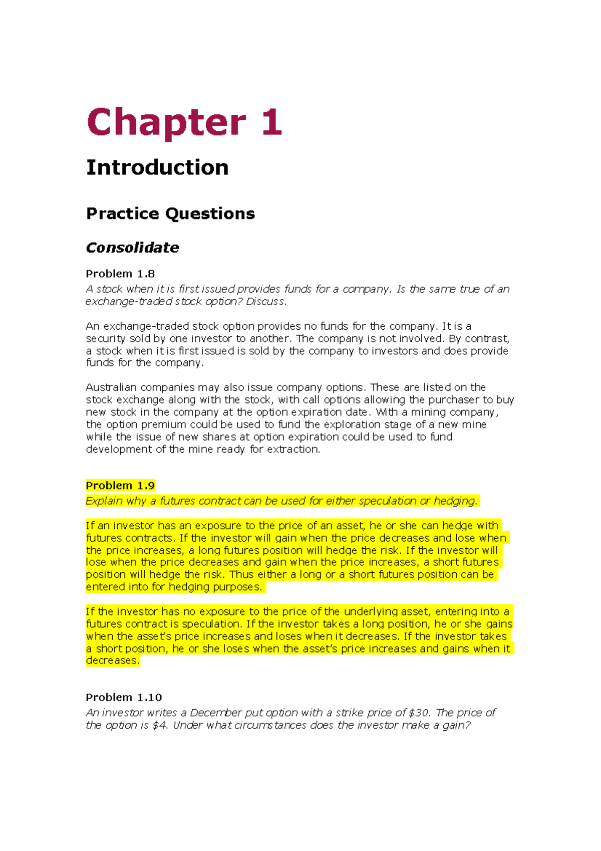 Week 1 tutorial - solutions - Chapter 1 Introduction Practice Questions Consolidate Problem 1. A ...