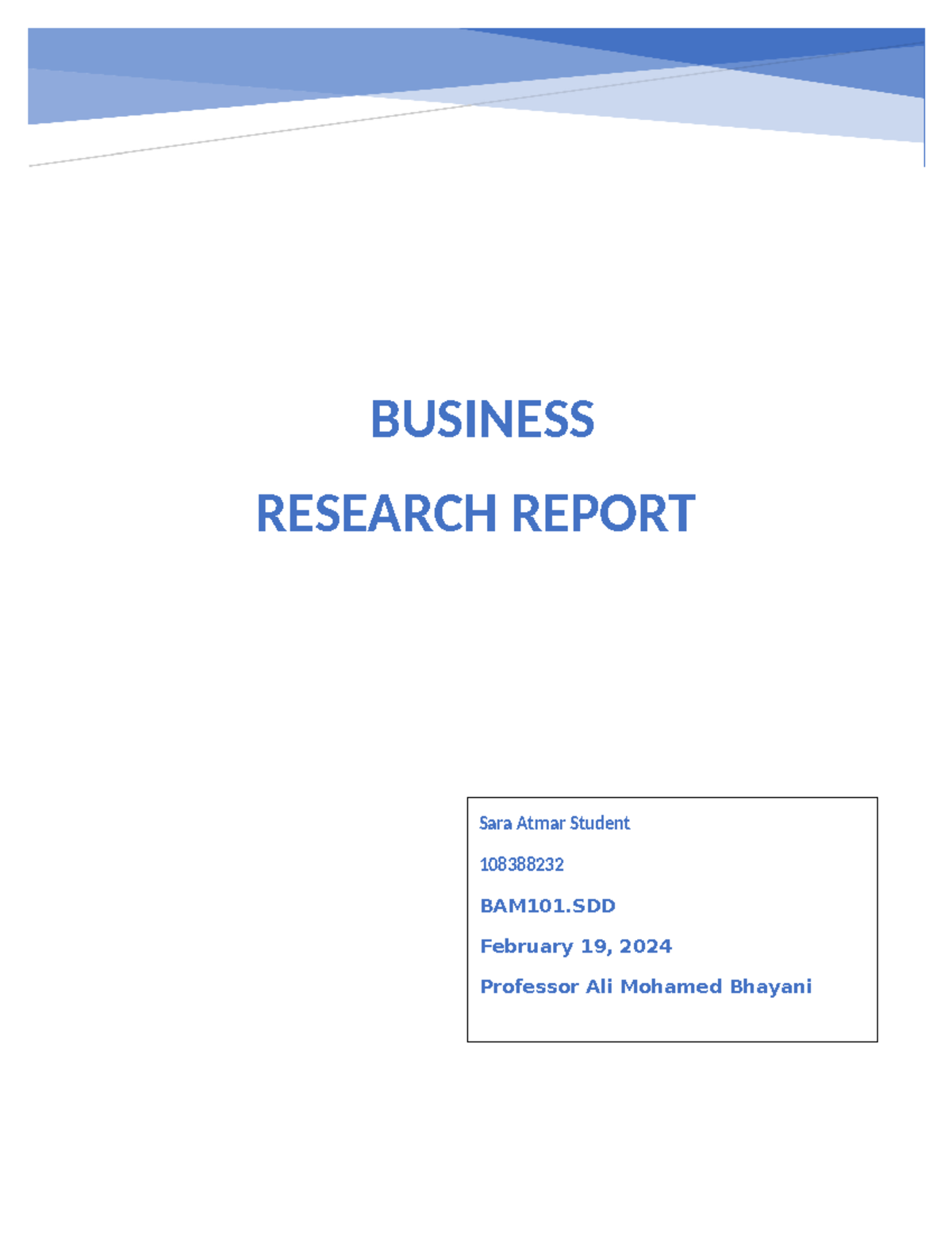 BAM101 business research report by sara, 2-19-2024 - BUSINESS RESEARCH ...
