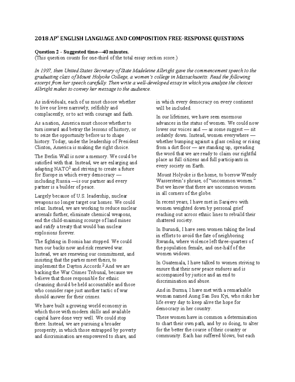 Albright+Prompt - This is very helpful - 2018 AP® ENGLISH LANGUAGE AND ...