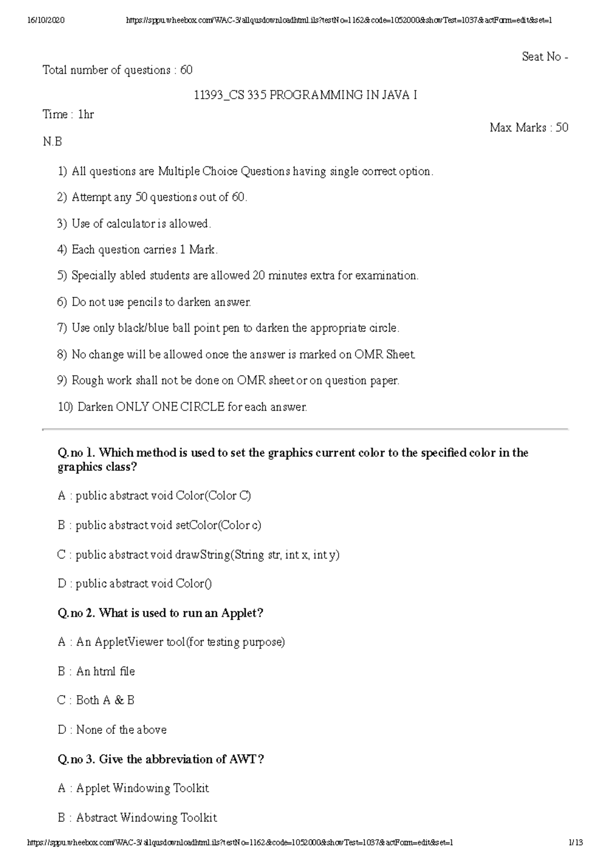 11393 Cs 335 Programming In Java I Total Number Of Questions 60 6132