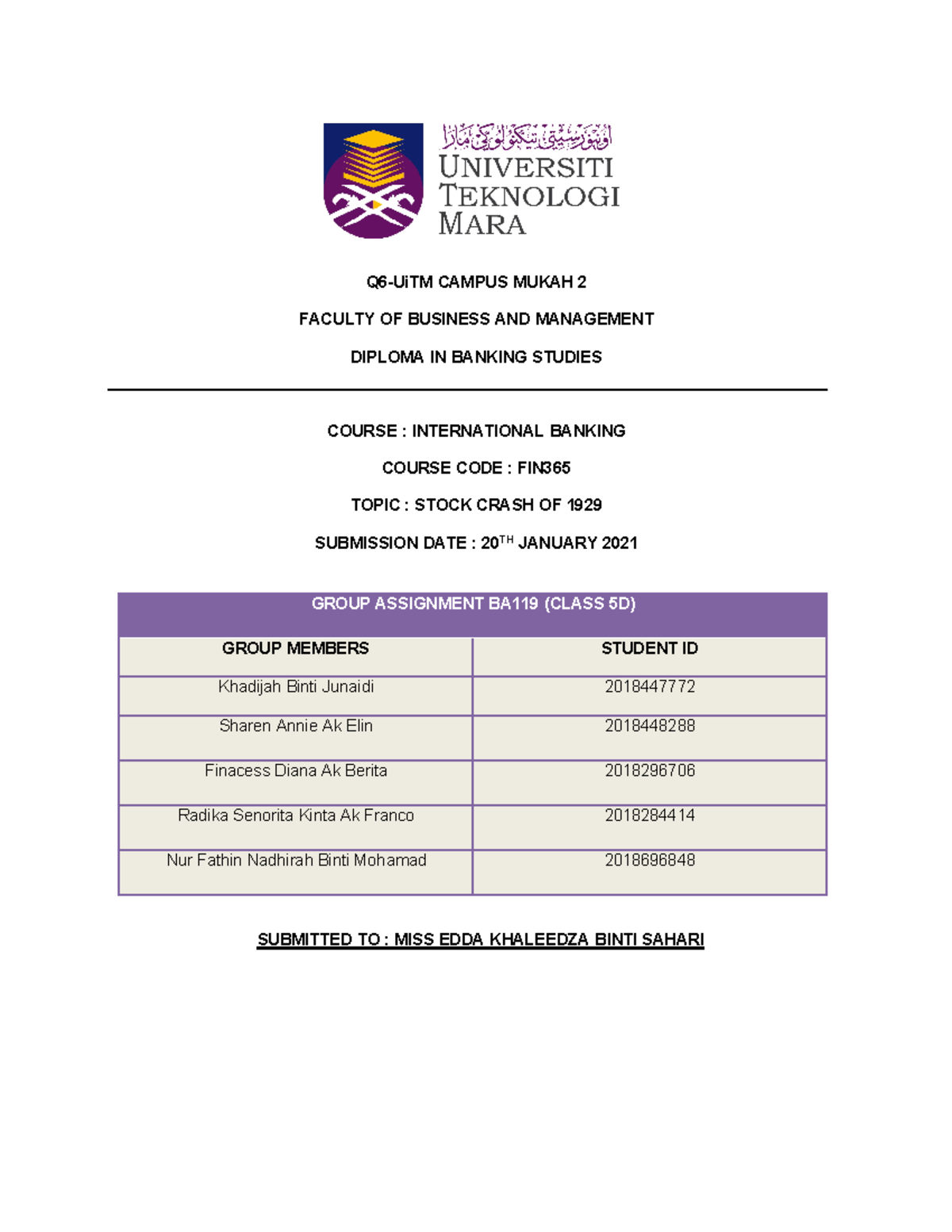 FIN365 Group Assignment-merged - Q6-UiTM CAMPUS MUKAH 2 FACULTY OF ...