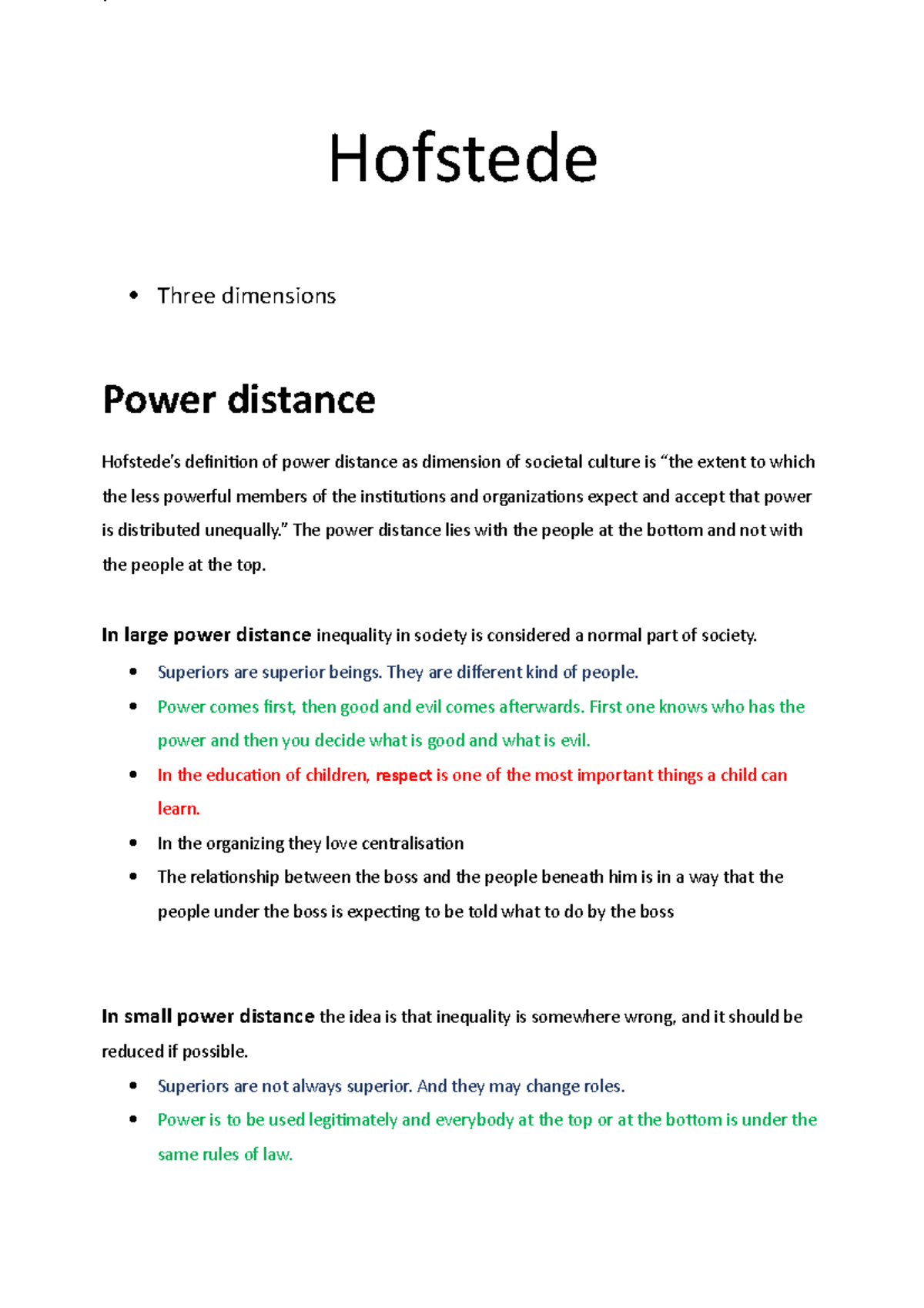 Biscom notater forelesning - Hofstede Three dimensions Power distance ...