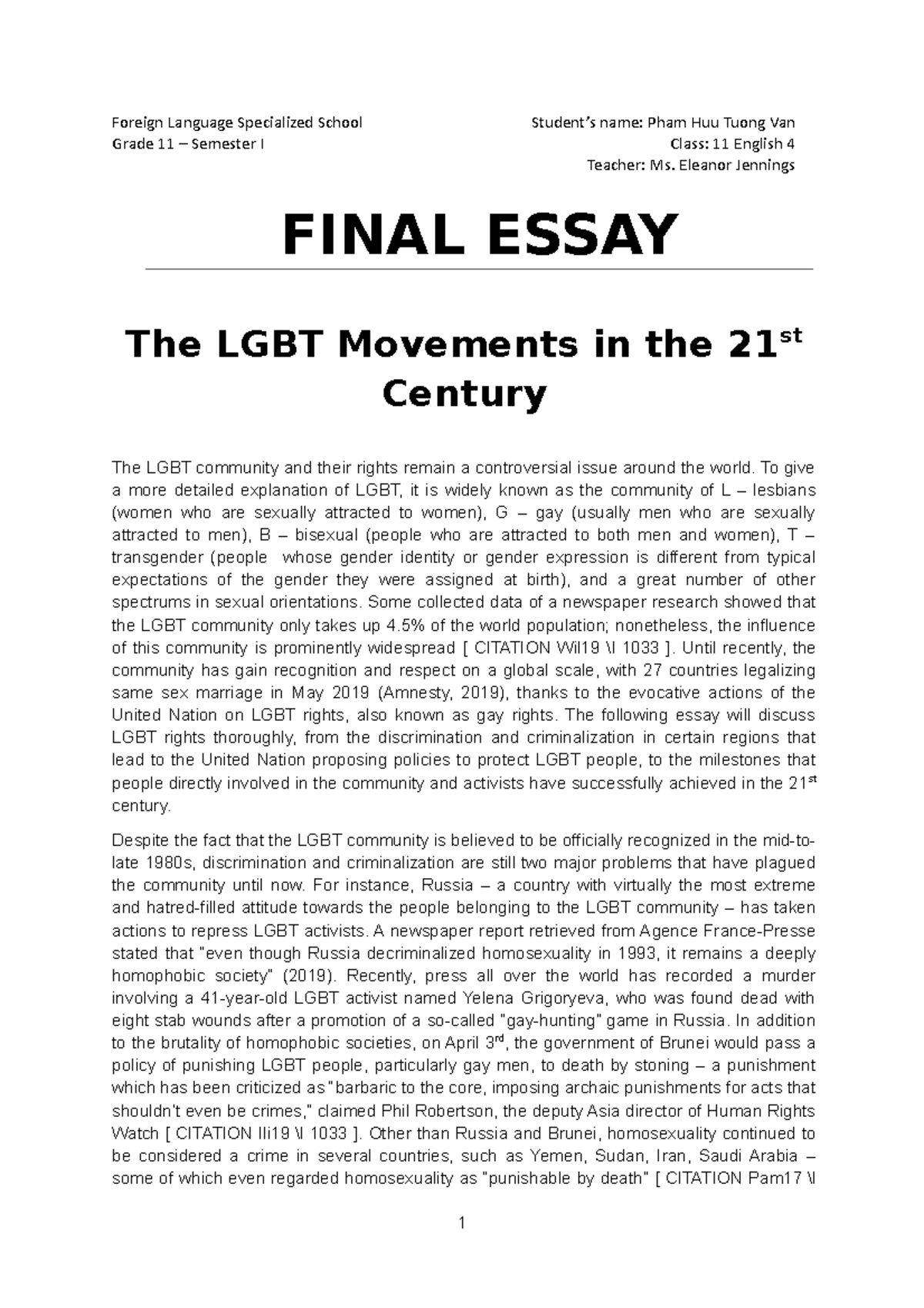 FINAL ESSAY The LGBT Movements in the 21st Century - Foreign Language ...