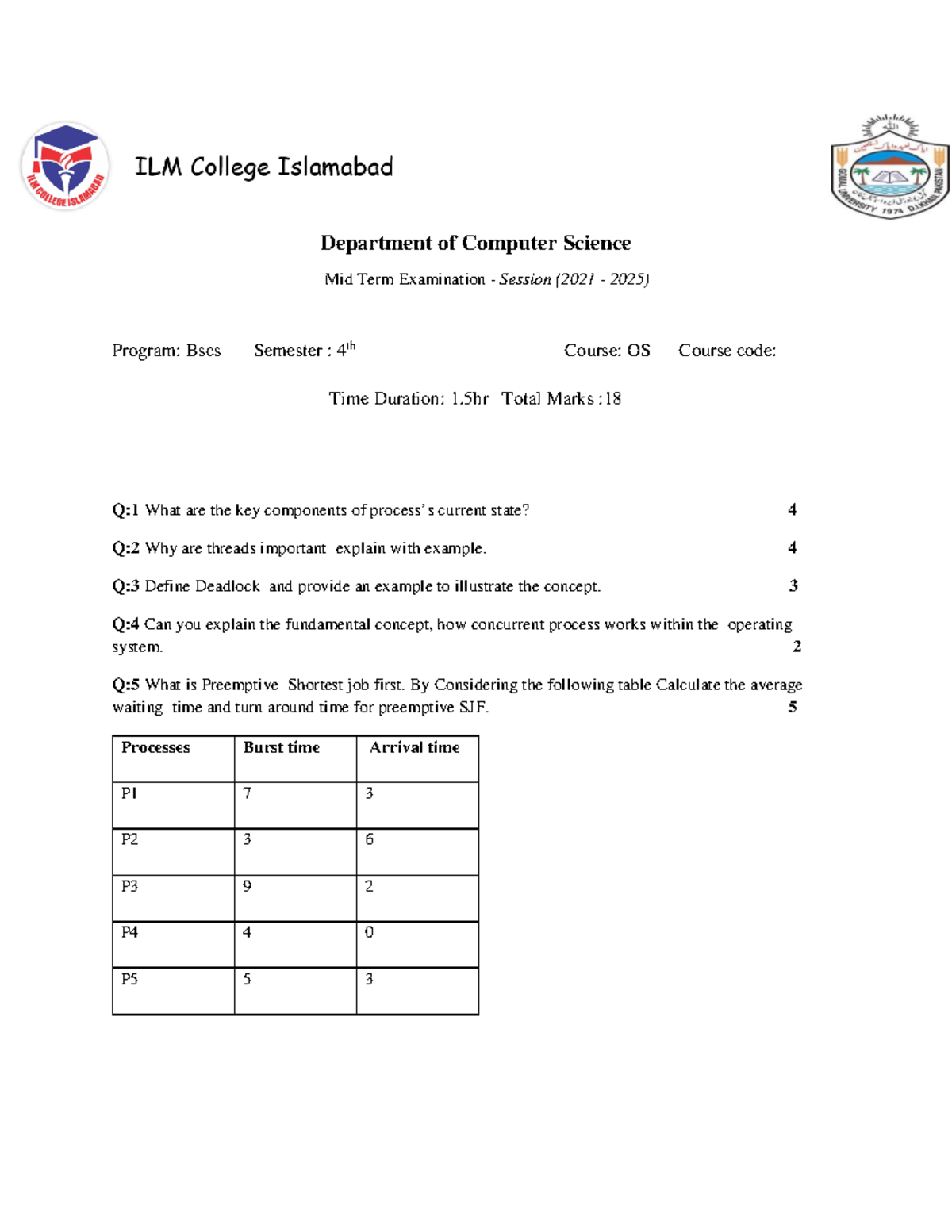 Operating system - ASSIGNMETS - Department of Computer Science Mid Term ...