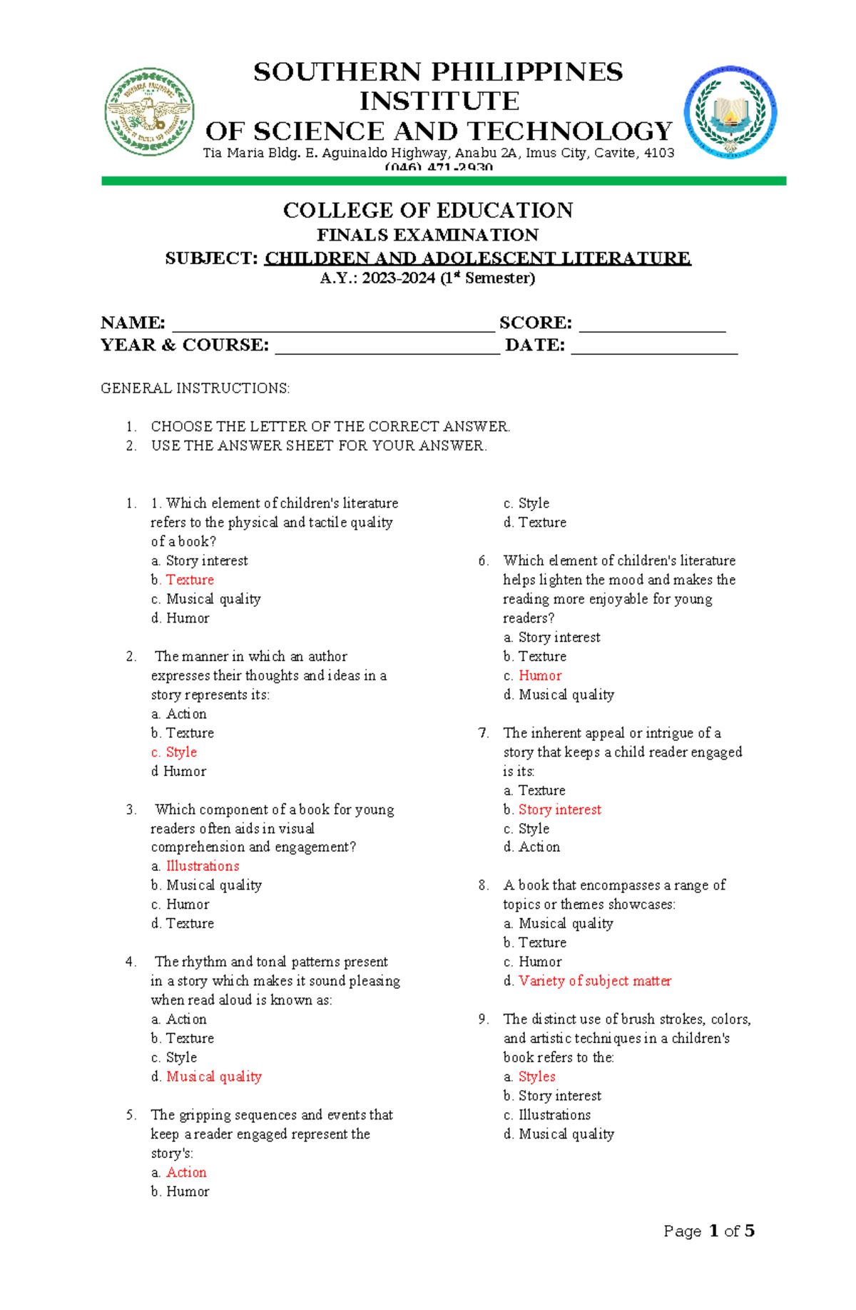 Children AND Adolescent Literature Finals - SOUTHERN PHILIPPINES INSTITUTE OF SCIENCE AND ...