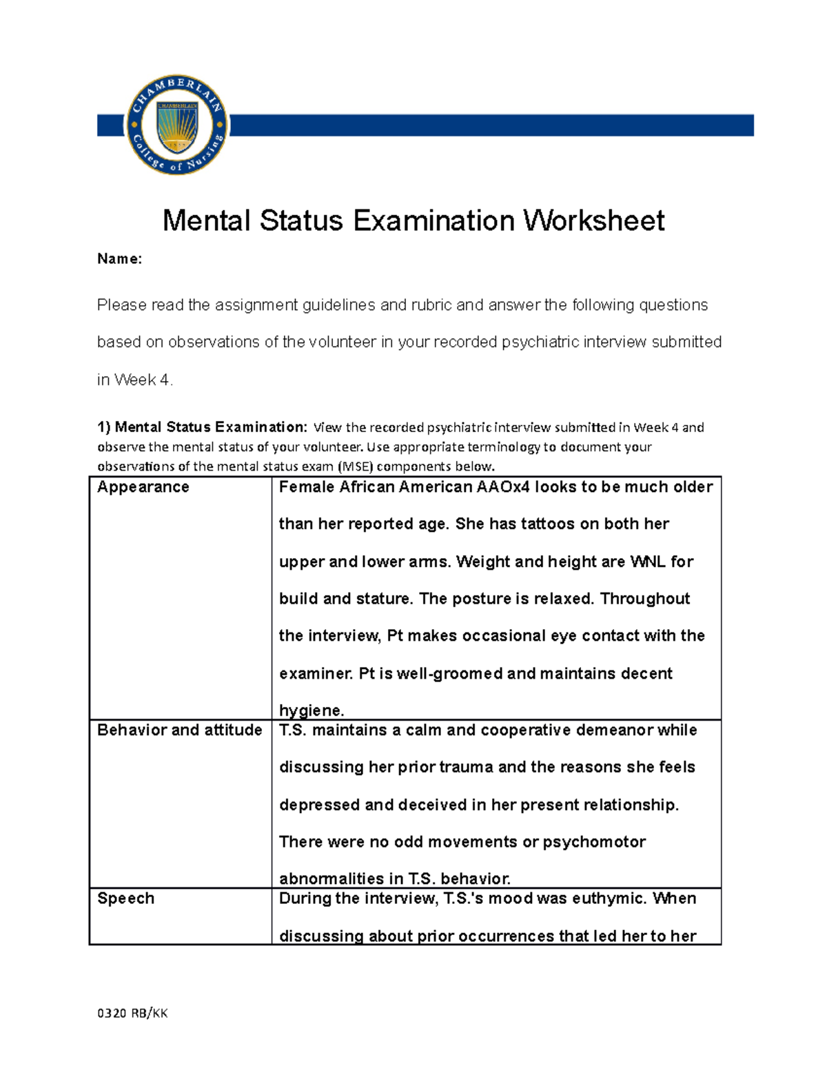 NR548 MSE Worksheet Revised - Mental Status Examination Worksheet Name ...