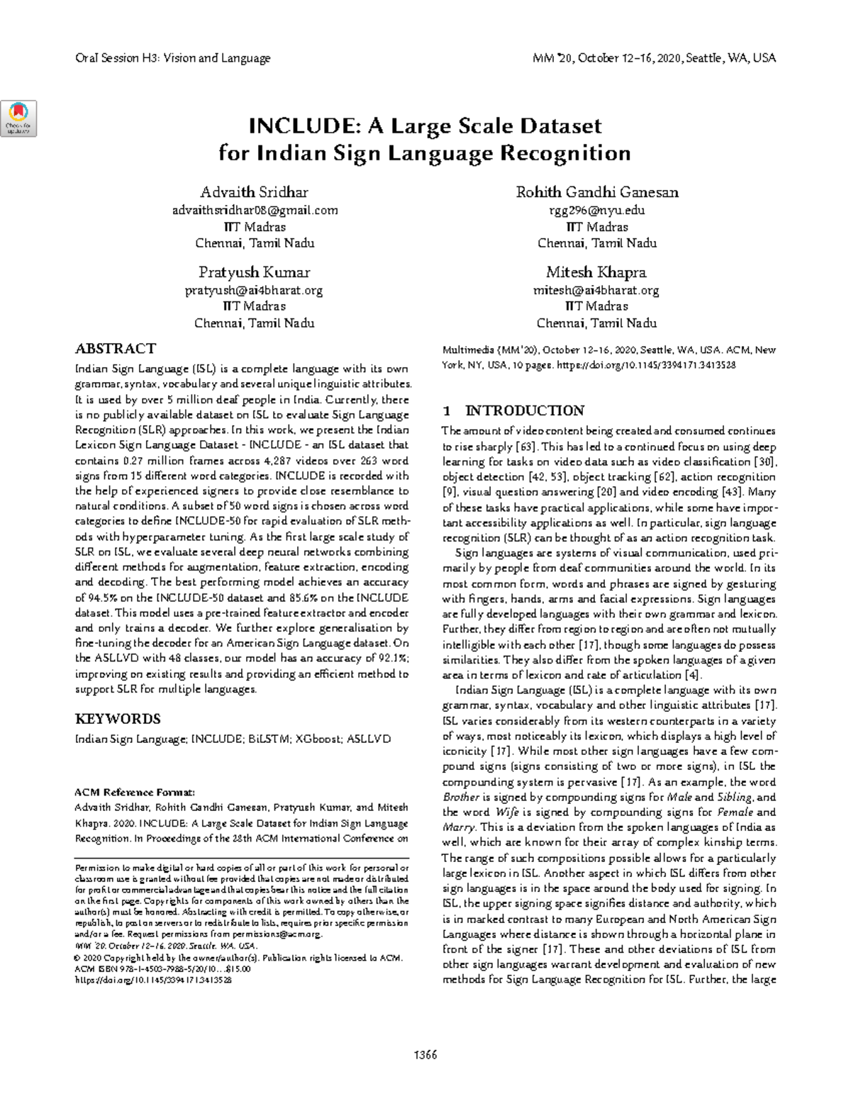 Include Indian Sign Language Recognition - INCLUDE: A Large Scale ...