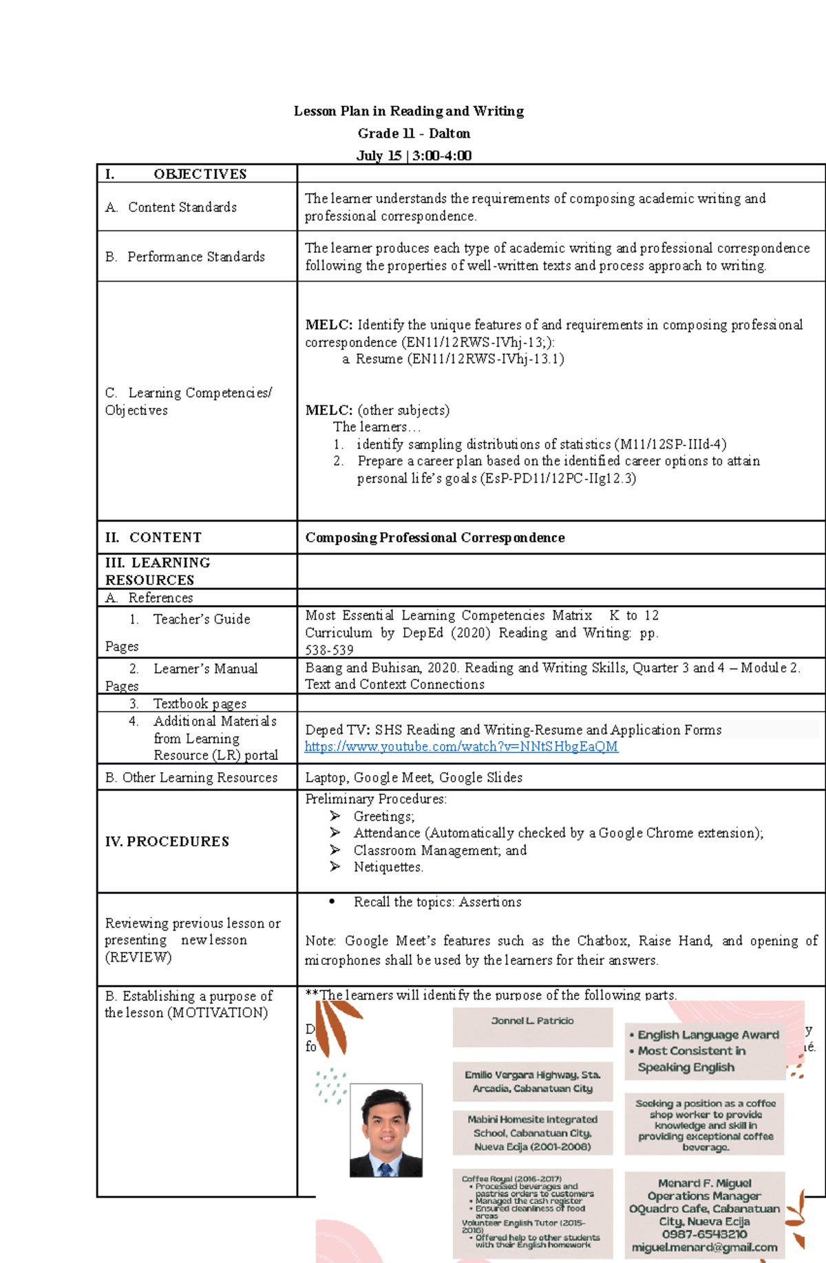 Mjasdriz C01 RAW DLP Lesson Plan In Reading And Writing Grade 11 