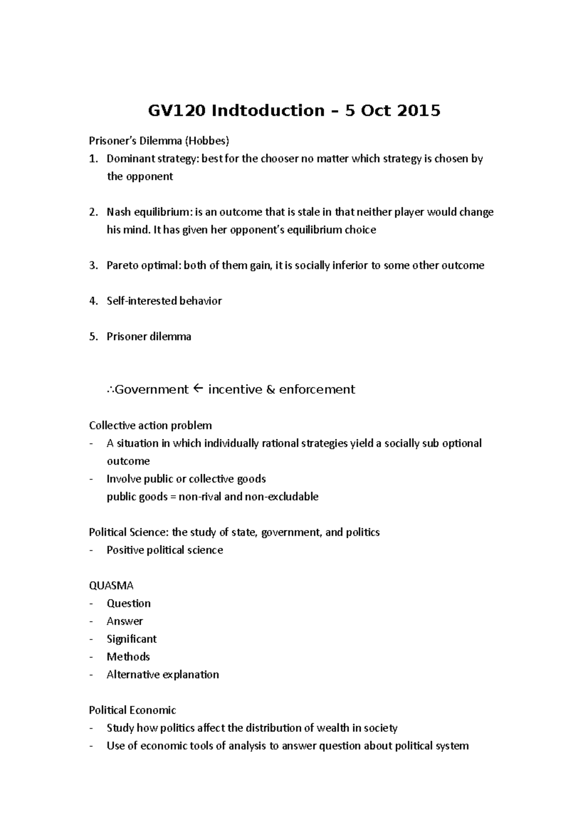 GV120 week 2 notes - GV120 Indtoduction – 5 Oct 2015 Prisoner’s Dilemma ...
