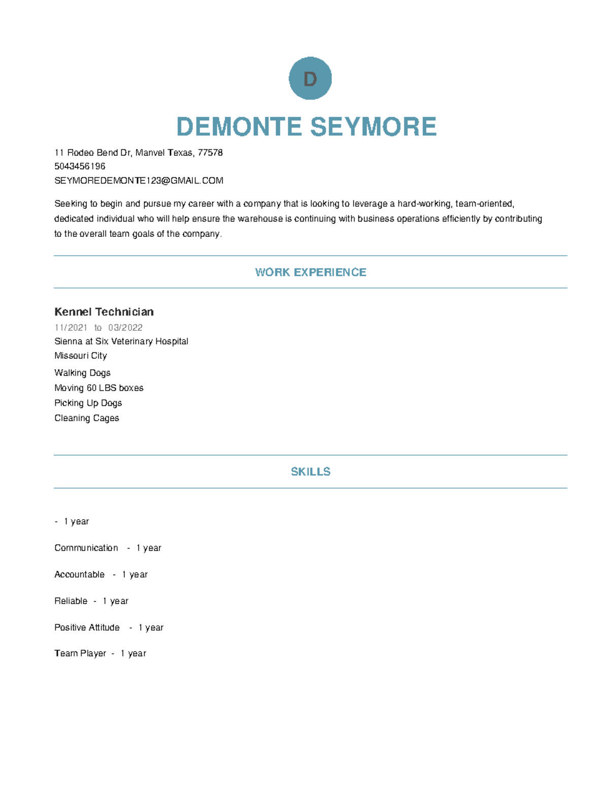Resume - NOTES - DEMONTE SEYMORE D 11 Rodeo Bend Dr, Manvel Texas ...