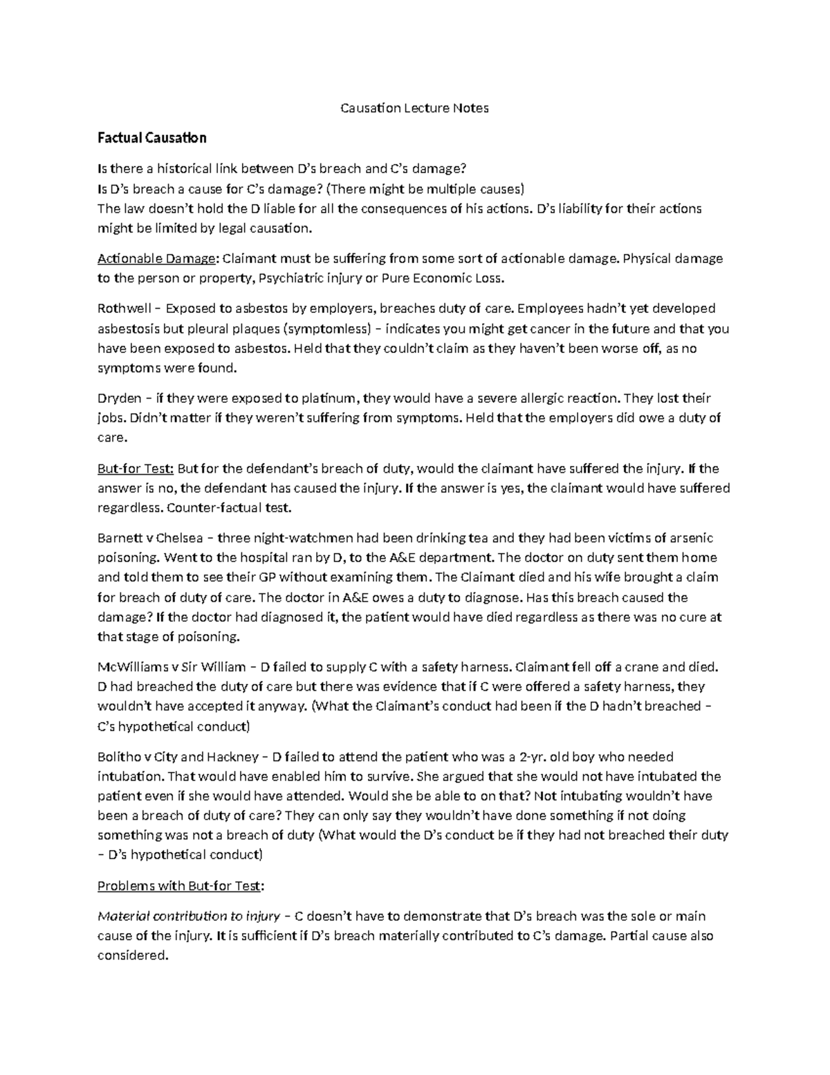 Causation Lecture Notes Causation Lecture Notes Factual Causation Is There A Historical Link