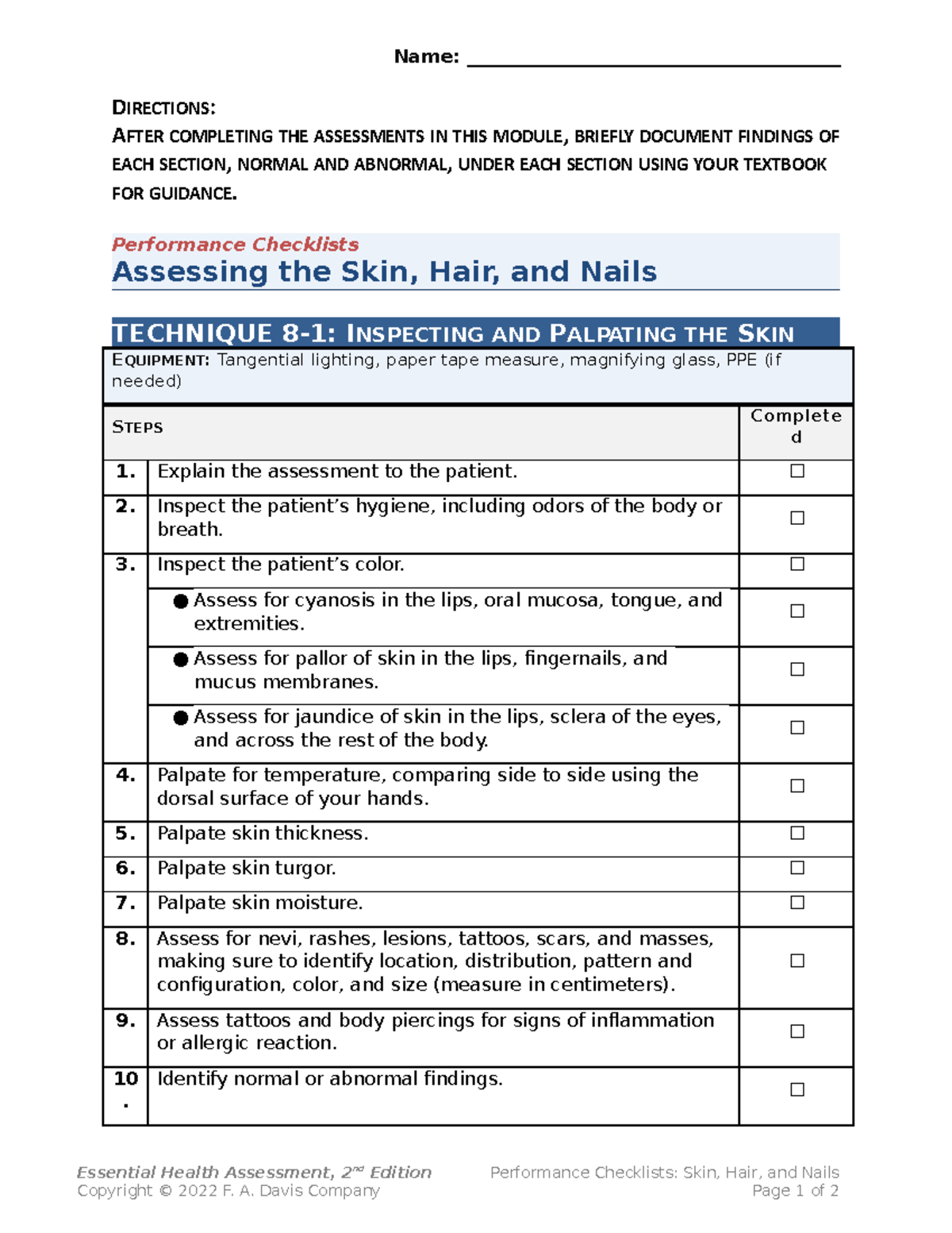LAB SKin Nails Hair Performance Checklist - Name