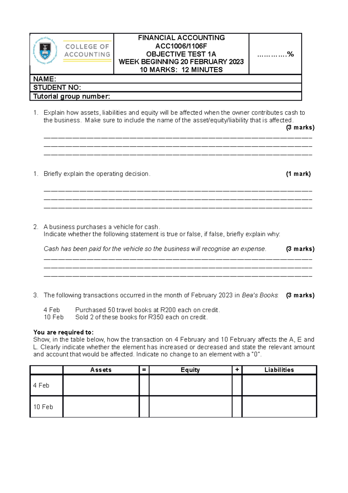 OT1A and solution - Basic Practice Test - FINANCIAL ACCOUNTING ACC1006 ...