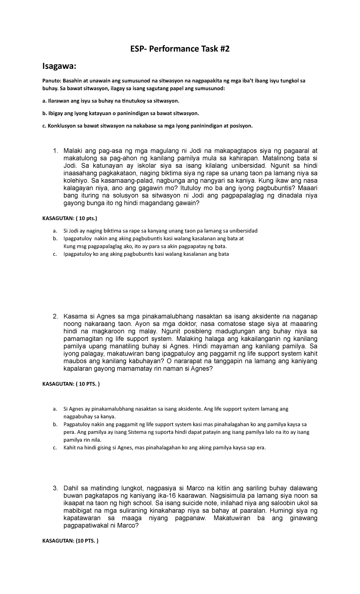 Mga Sitwasyon ESP 10 - ESP- Performance Task Isagawa: Panuto: Basahin ...