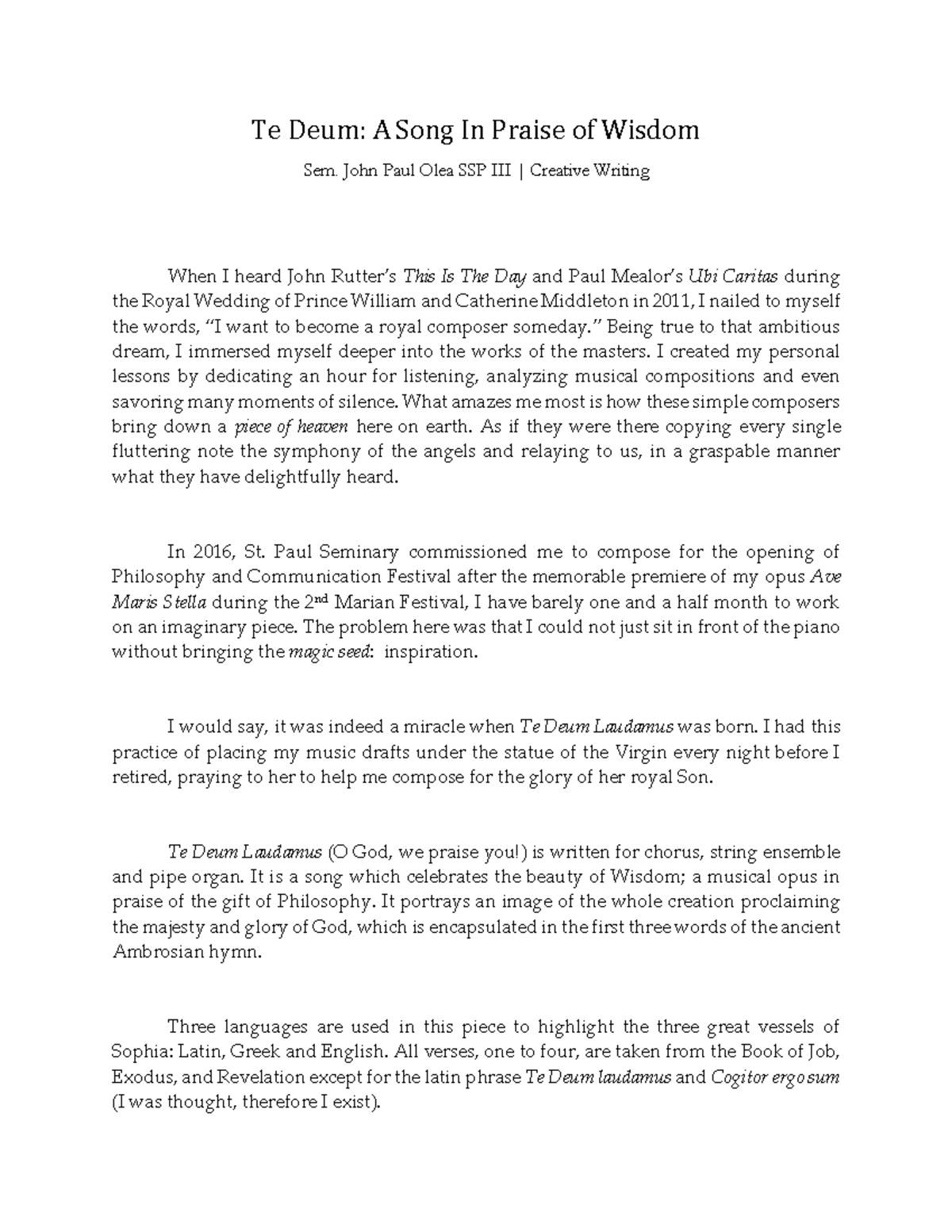 Te Deum A Song In Praise of Wisdom - John Paul Olea SSP III | Creative ...