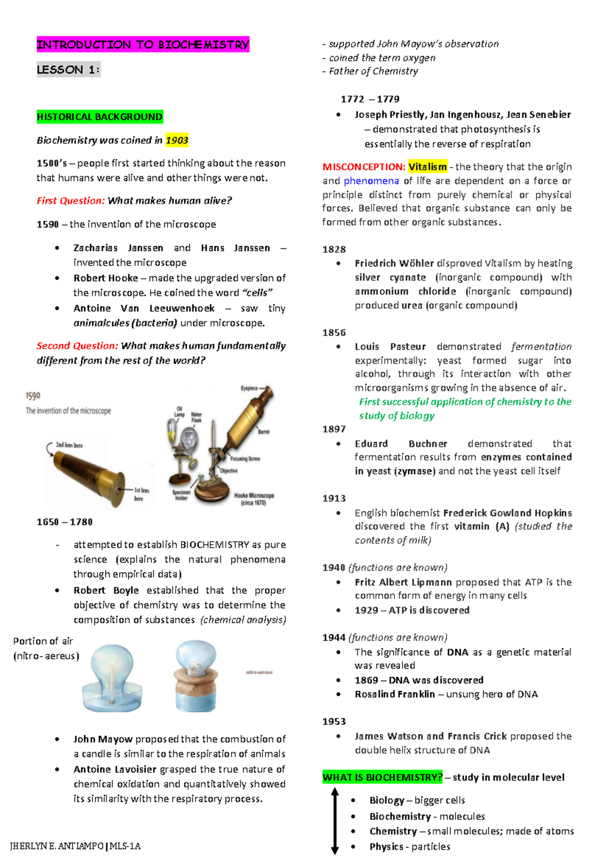 Lesson 1- Introduction TO Biochemistry - INTRODUCTION TO BIOCHEMISTRY LESSON 1: HISTORICAL - Studocu