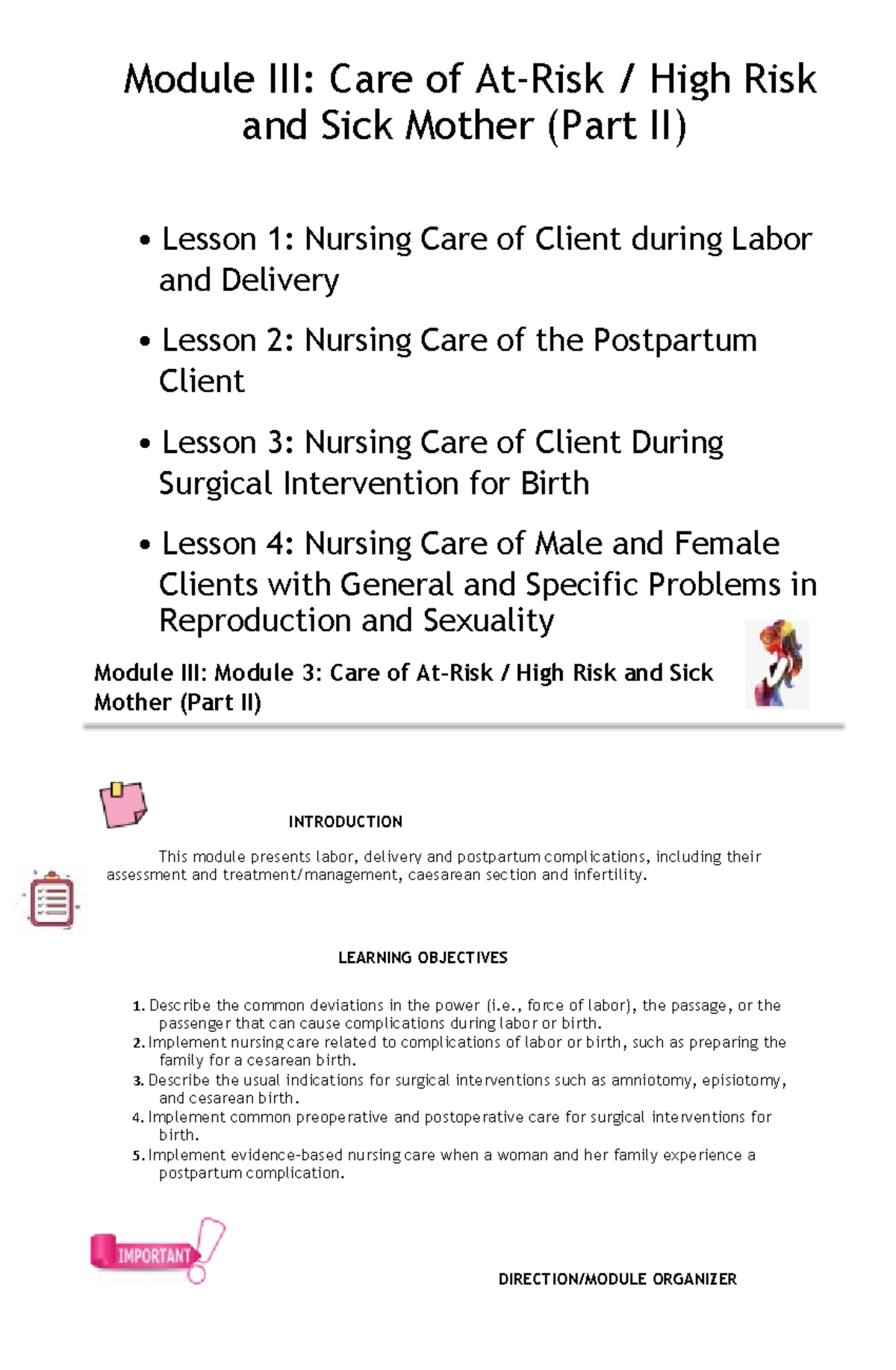 Module III - lecture mother child nursing - Module III: Care of At-Risk ...