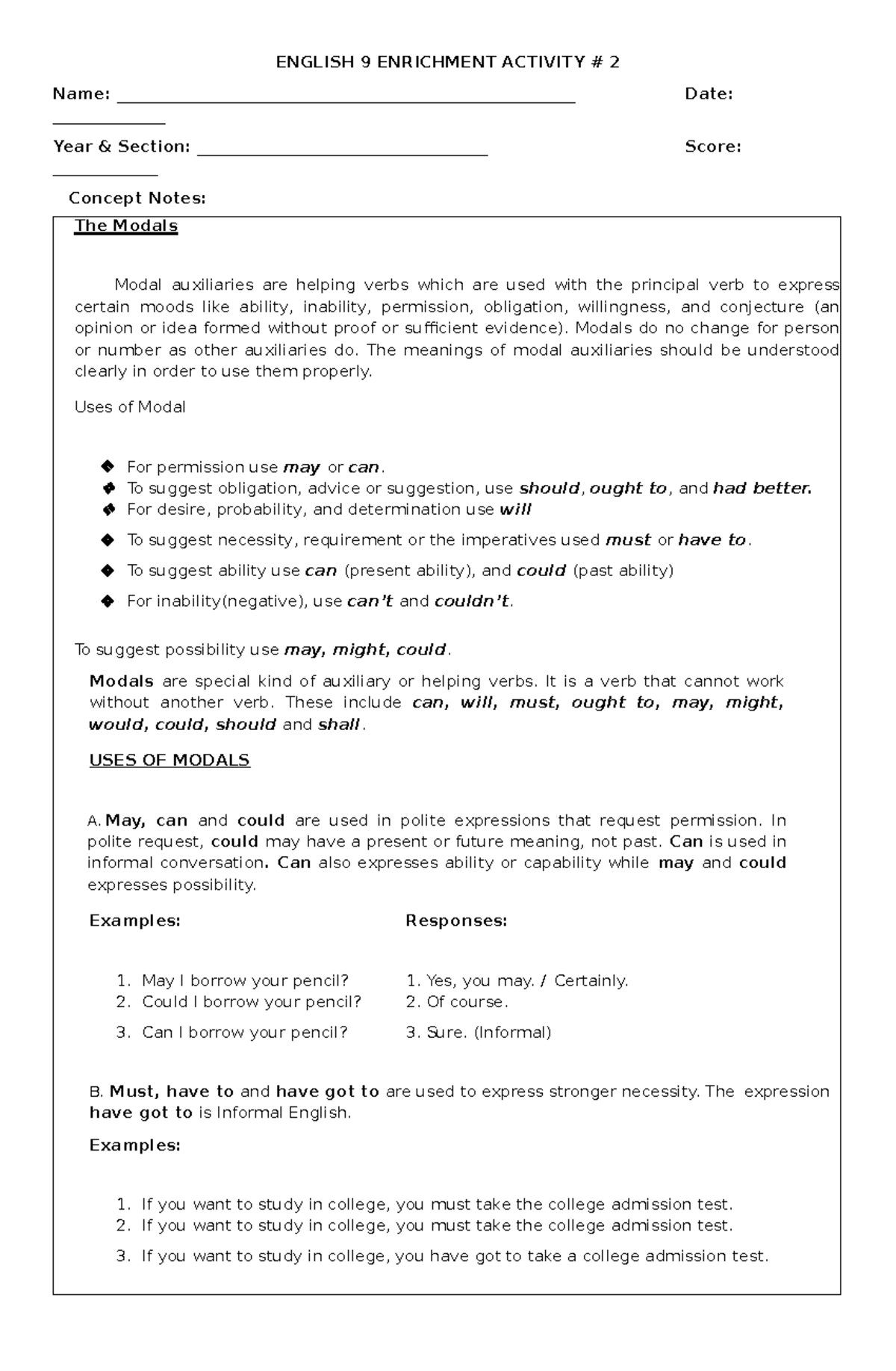 English 9 Enrichment Activity #2 - ENGLISH 9 ENRICHMENT ACTIVITY # 2 ...