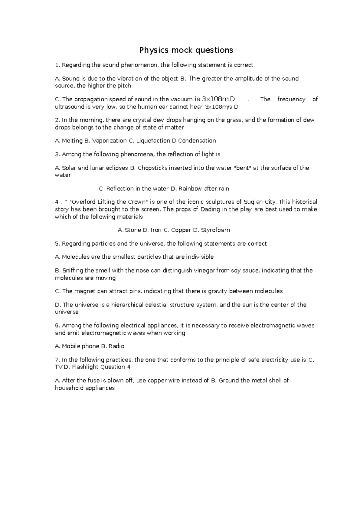 Physics mock questions - Physics mock questions Regarding the sound ...