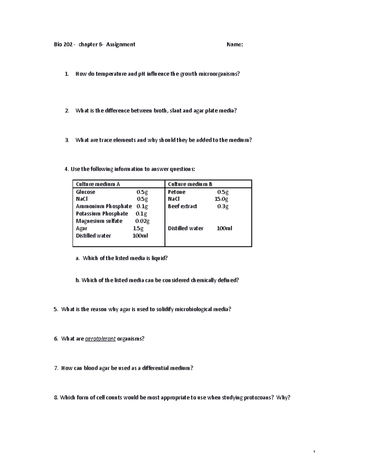 Chapter 6 assignment 2020 - Bio 202 - chapter 6- Assignment Name: 1 ...