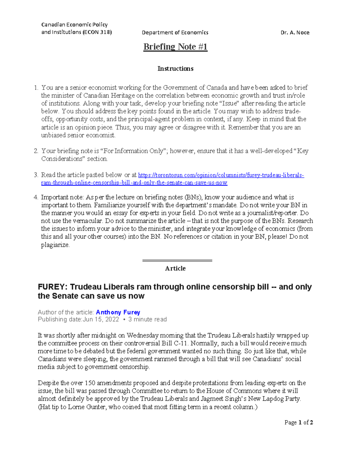 Briefing Note Assignment #1 Fall 2022 ECON 318 - Canadian Economic ...