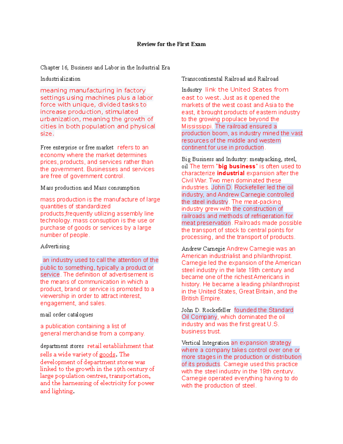 First Exam vocabulary - Review for the First Exam Chapter 16, Business ...