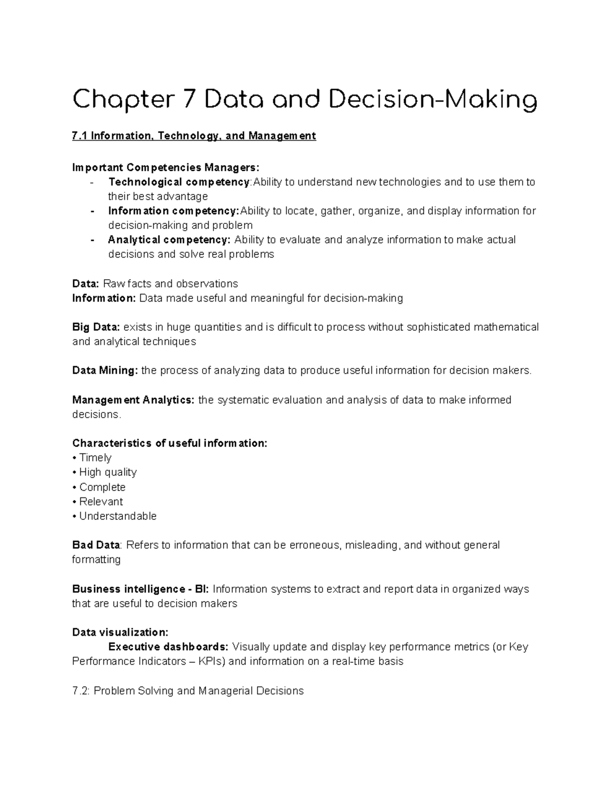 Week 2 Chapter 7 - Chapter 7 Data and Decision-Making 7 Information ...