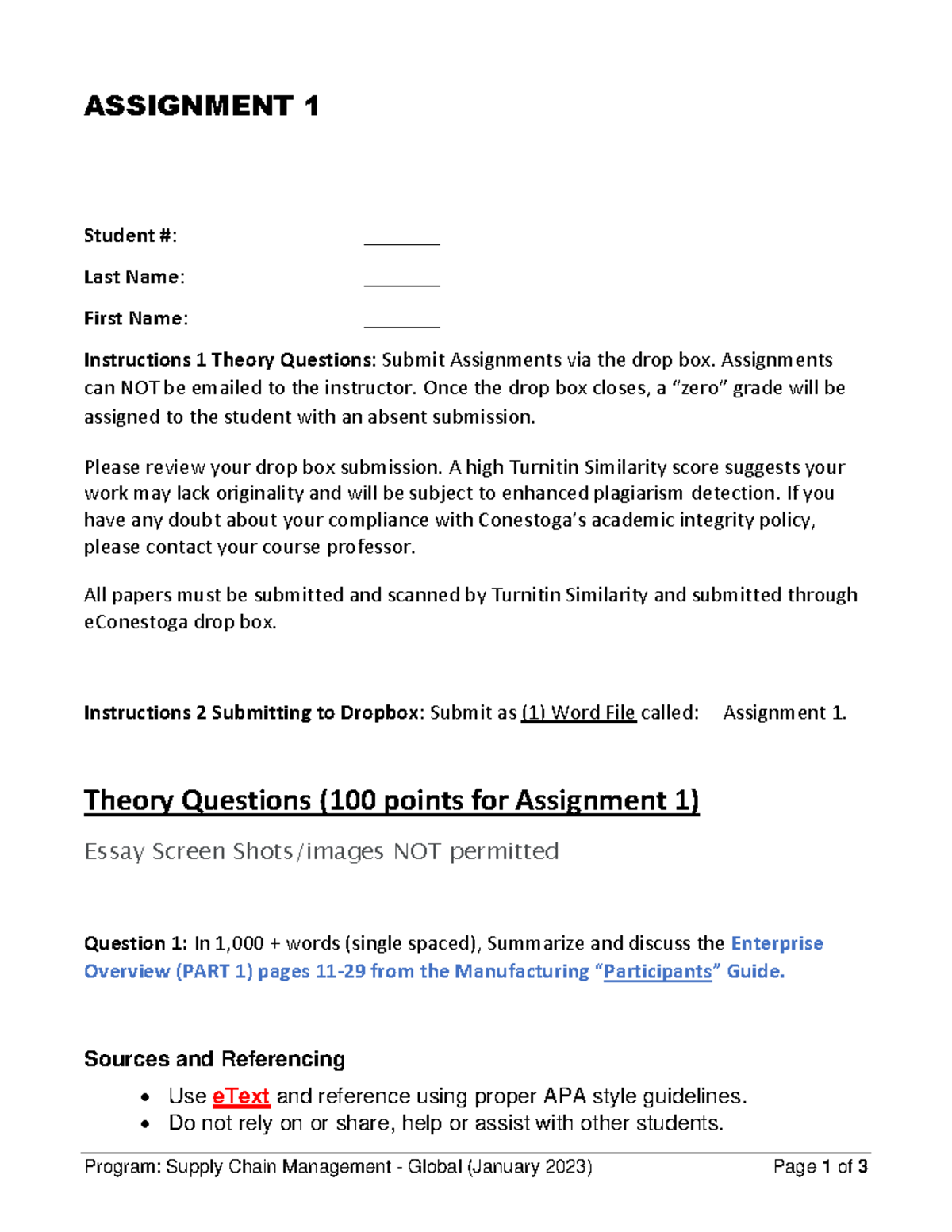 Assignment 1 Student Copy - Program: Supply Chain Management - Global (January 2023) Page 1 of 3 ...