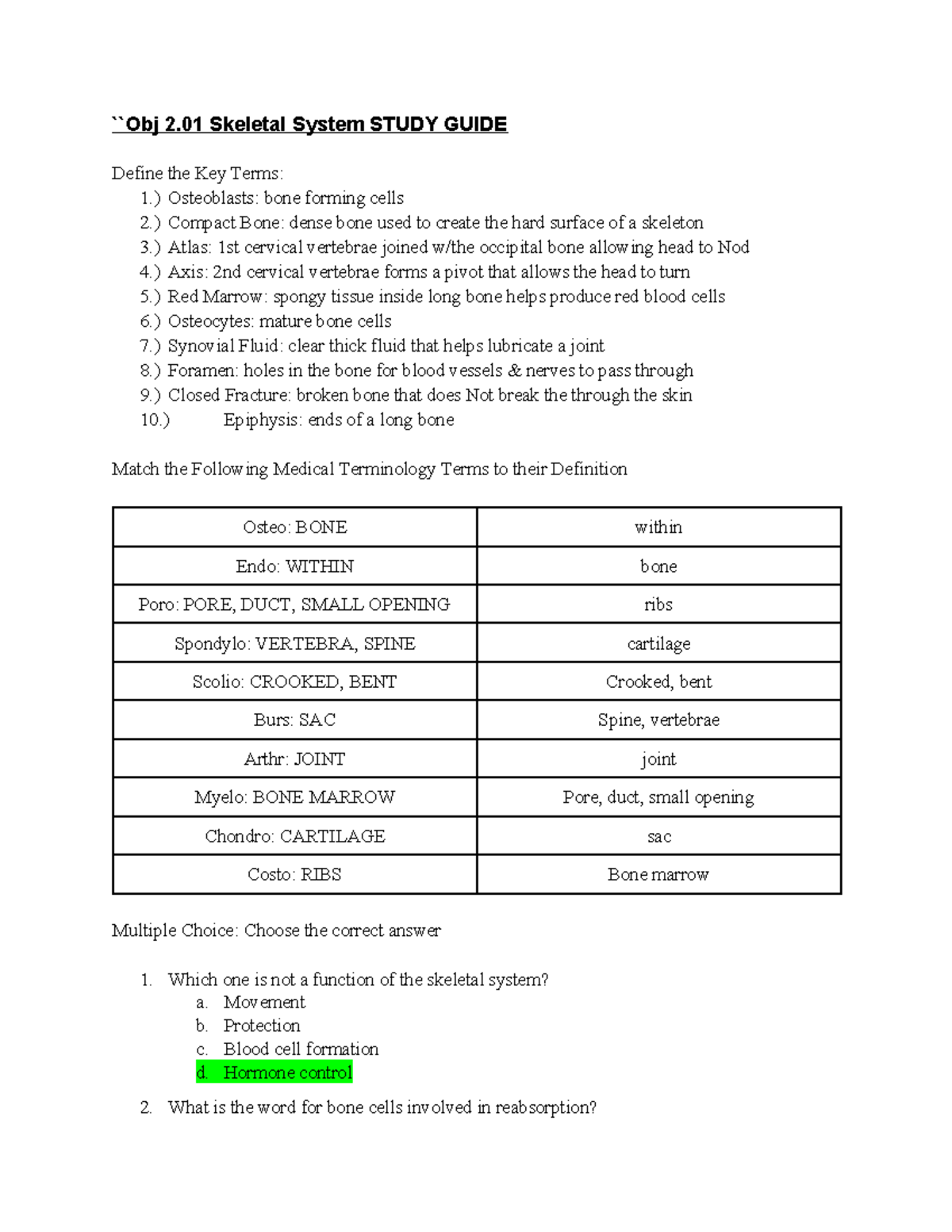 Obj 2.01 Skeletal System study guide Answer KEY - ``Obj 2 Skeletal ...