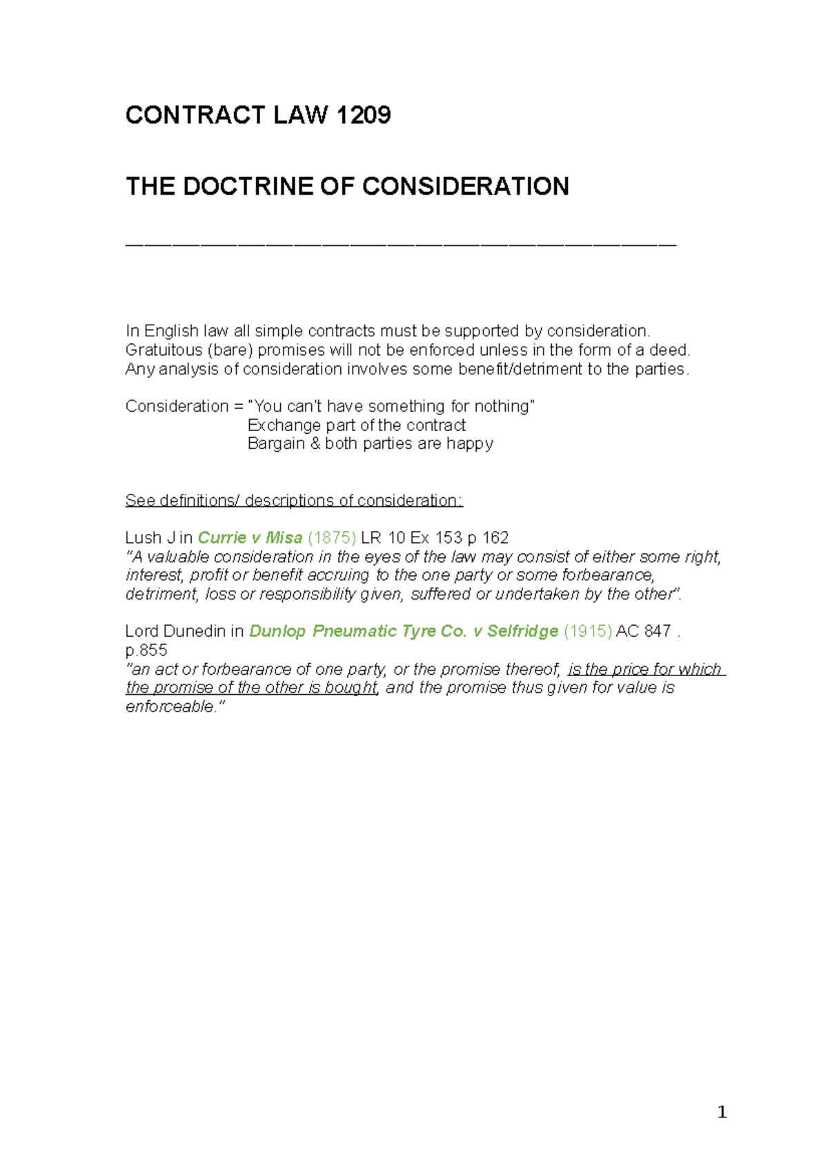 5- Consideration lecture - CONTRACT LAW 1209 THE DOCTRINE OF ...