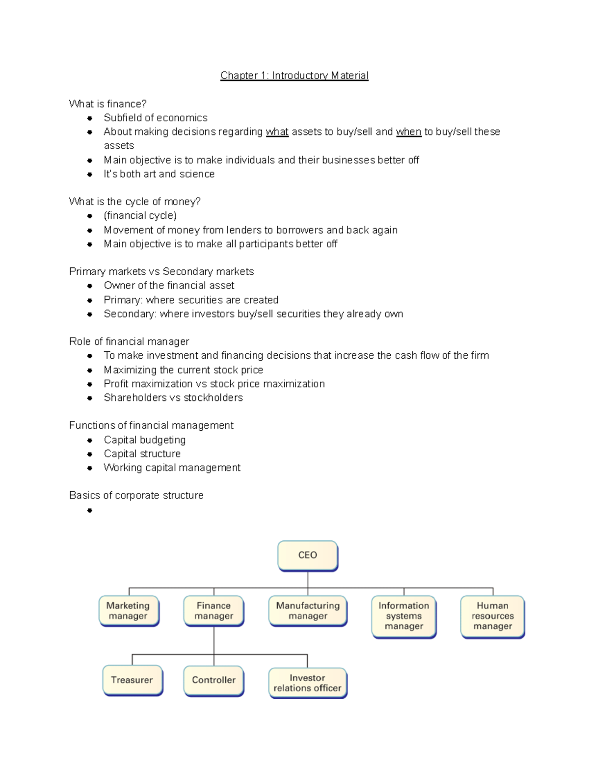 Finance Study Guide Notes - Chapter 1: Introductory Material What is ...