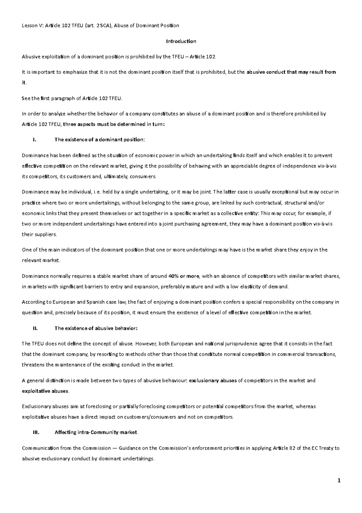 Abuse of dominant position - Lesson V: Article 102 TFEU (art. 2 SCA ...
