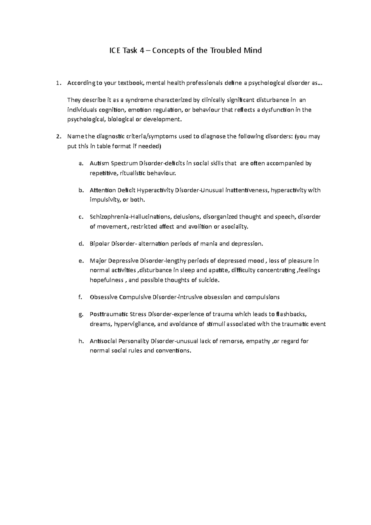 ICE Task 4 - The Troubled Mind - ICE Task 4 – Concepts of the Troubled Mind According to your ...