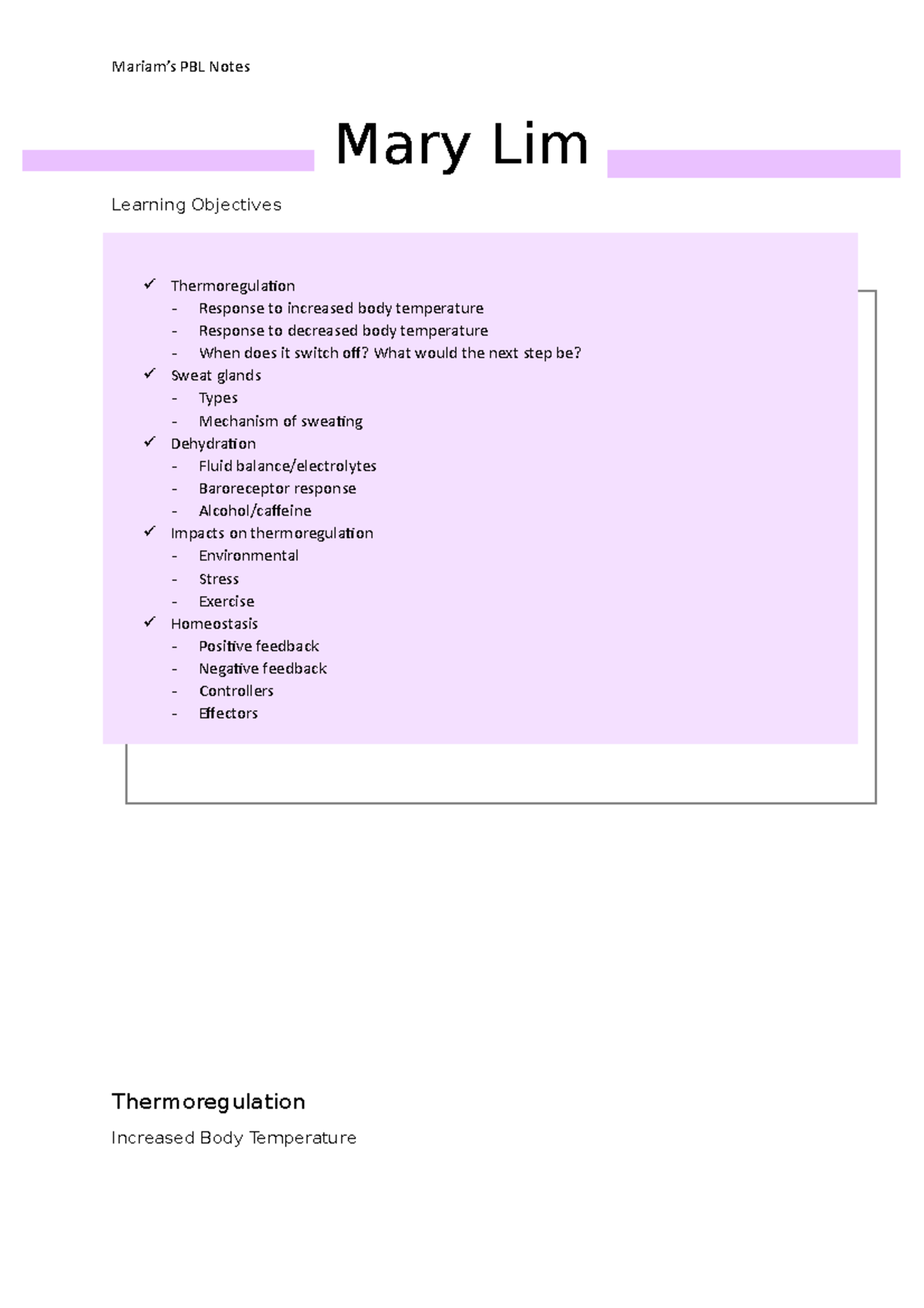 Mary Lim - notes - Mary Lim Learning Objectives Thermoregulation ...