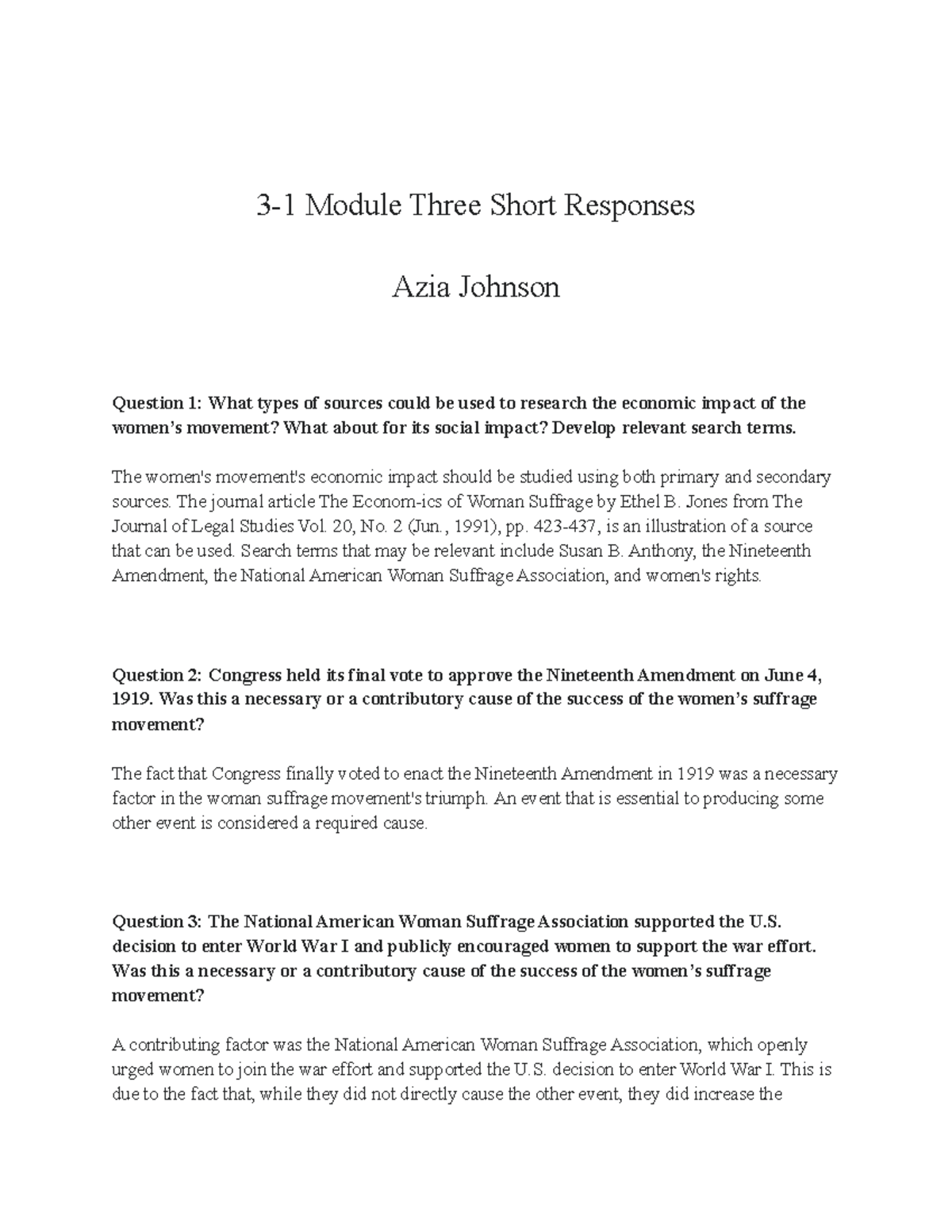 3-1 Module Three Short Responses - The women's movement's economic ...