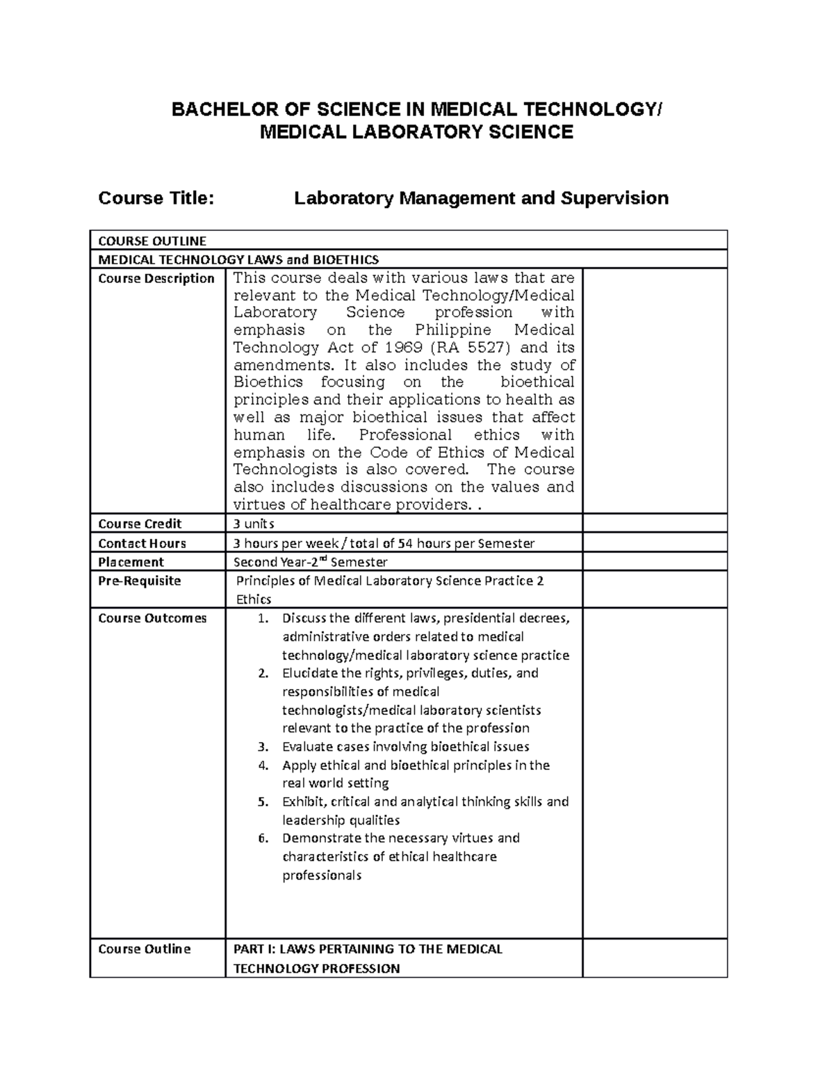 Course Outline MT Laws Related Laws and Bioethics - BACHELOR OF SCIENCE ...