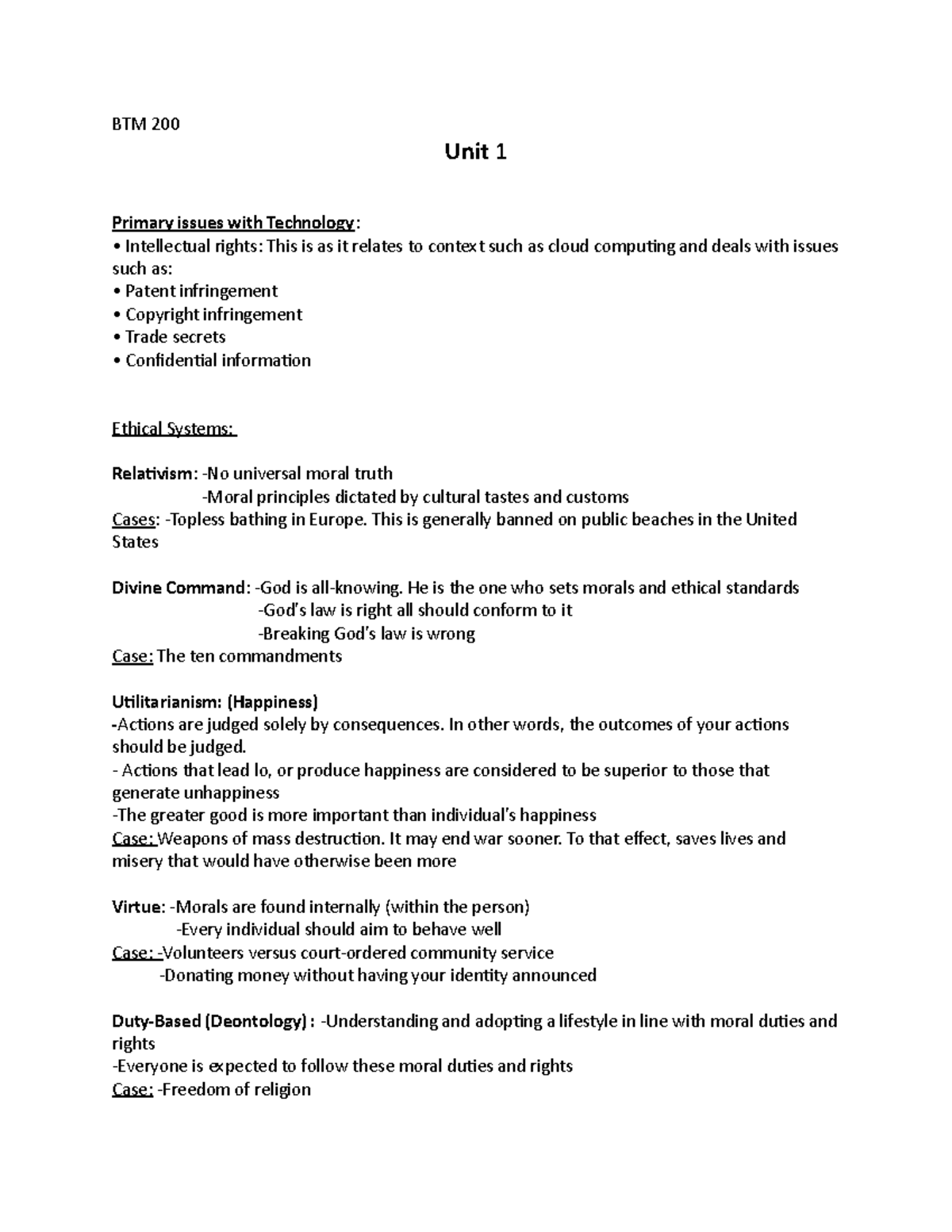 BTM 200 Notes On Unit 1 And Unit 2 Quick Summary BTM 200 Unit 1